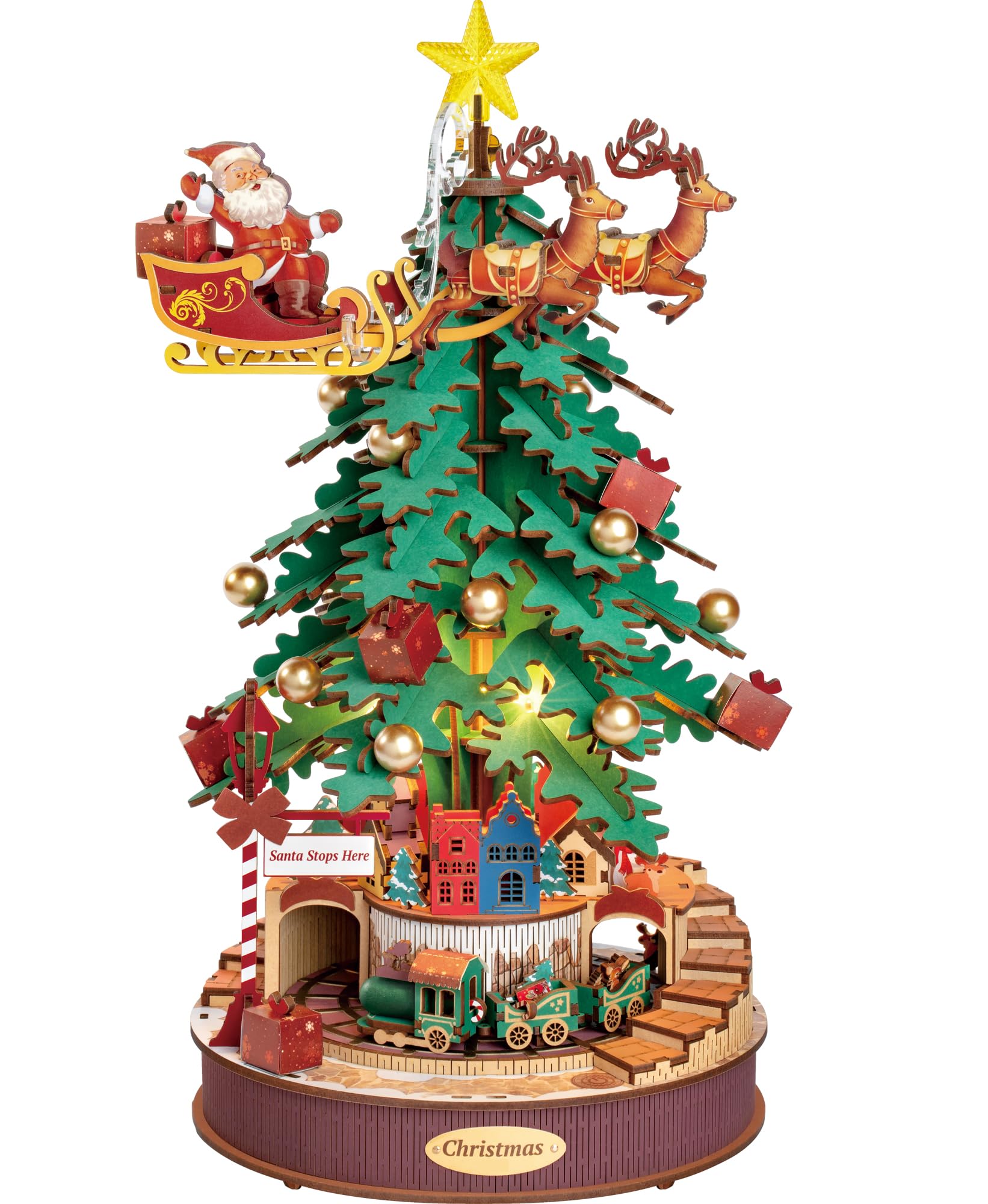 ROBOTIME Wooden Model Kits for Adults, Music Box Christmas Melody Tree ...