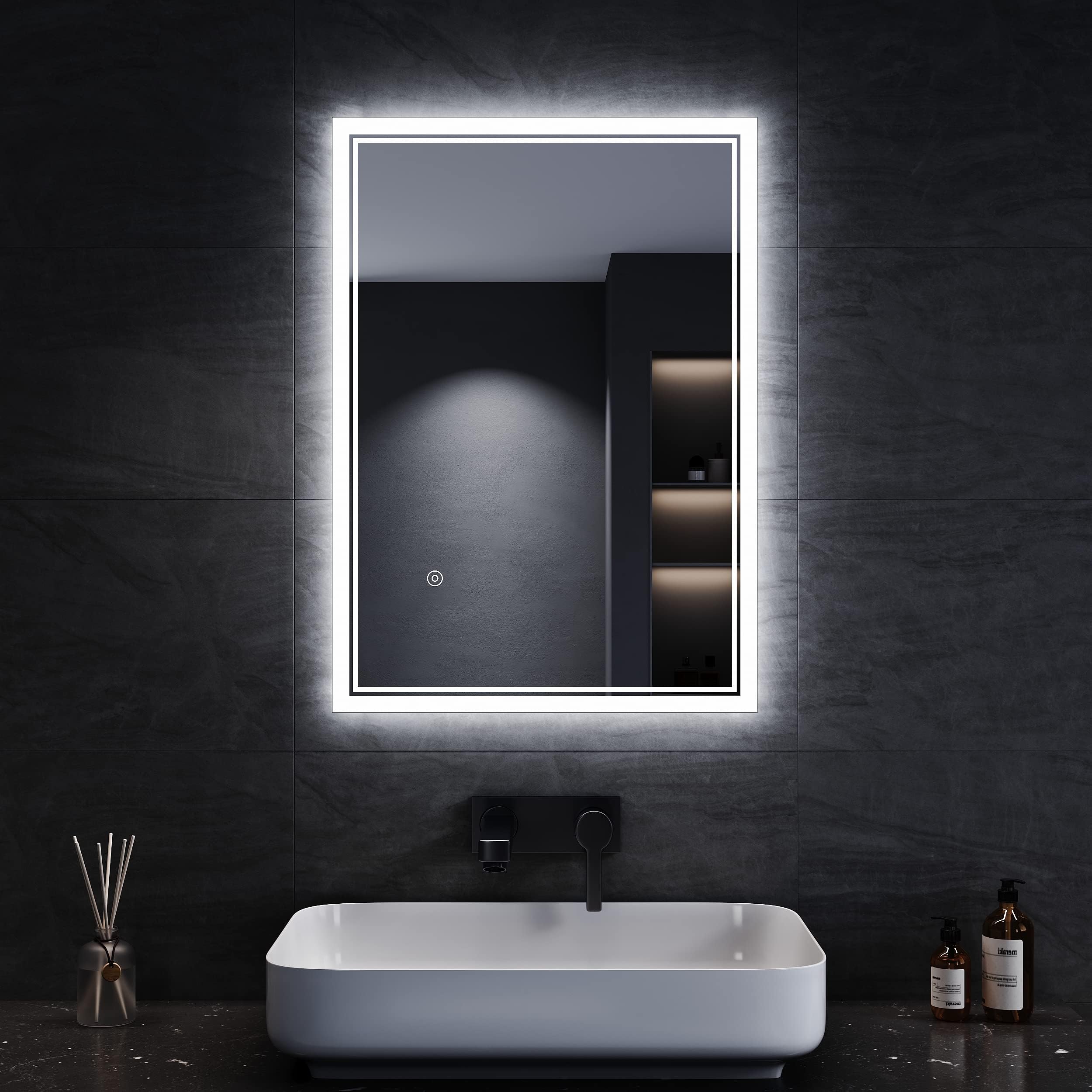 SONNI Bathroom Mirror with Lighting, 60 x 40 cm LED Bathroom Mirror ...
