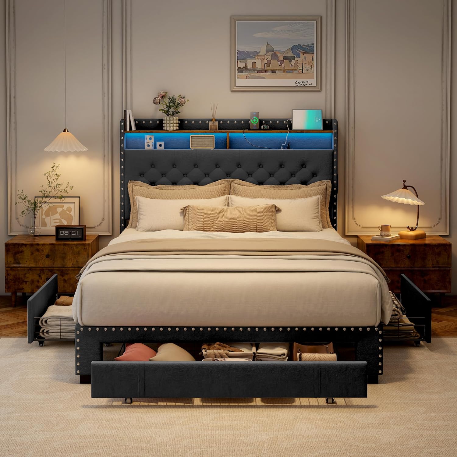 Amazon.com: Neoriver Full Size Bed Frame with Storage Drawers and ...