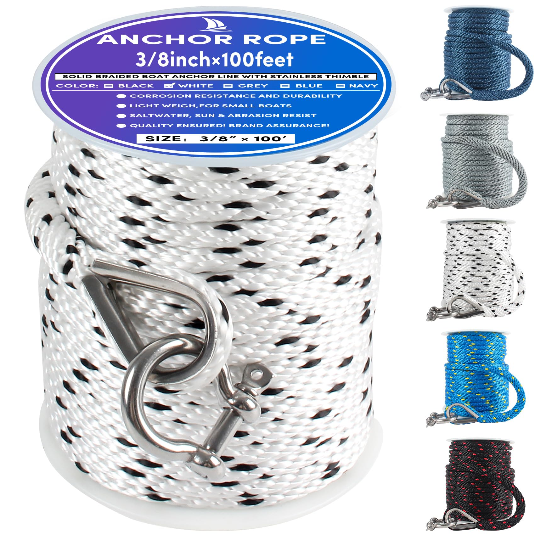 Amazon.com: Premium Anchor Rope 100 ft x 3/8 inch, Solid Braid MFP Boat ...