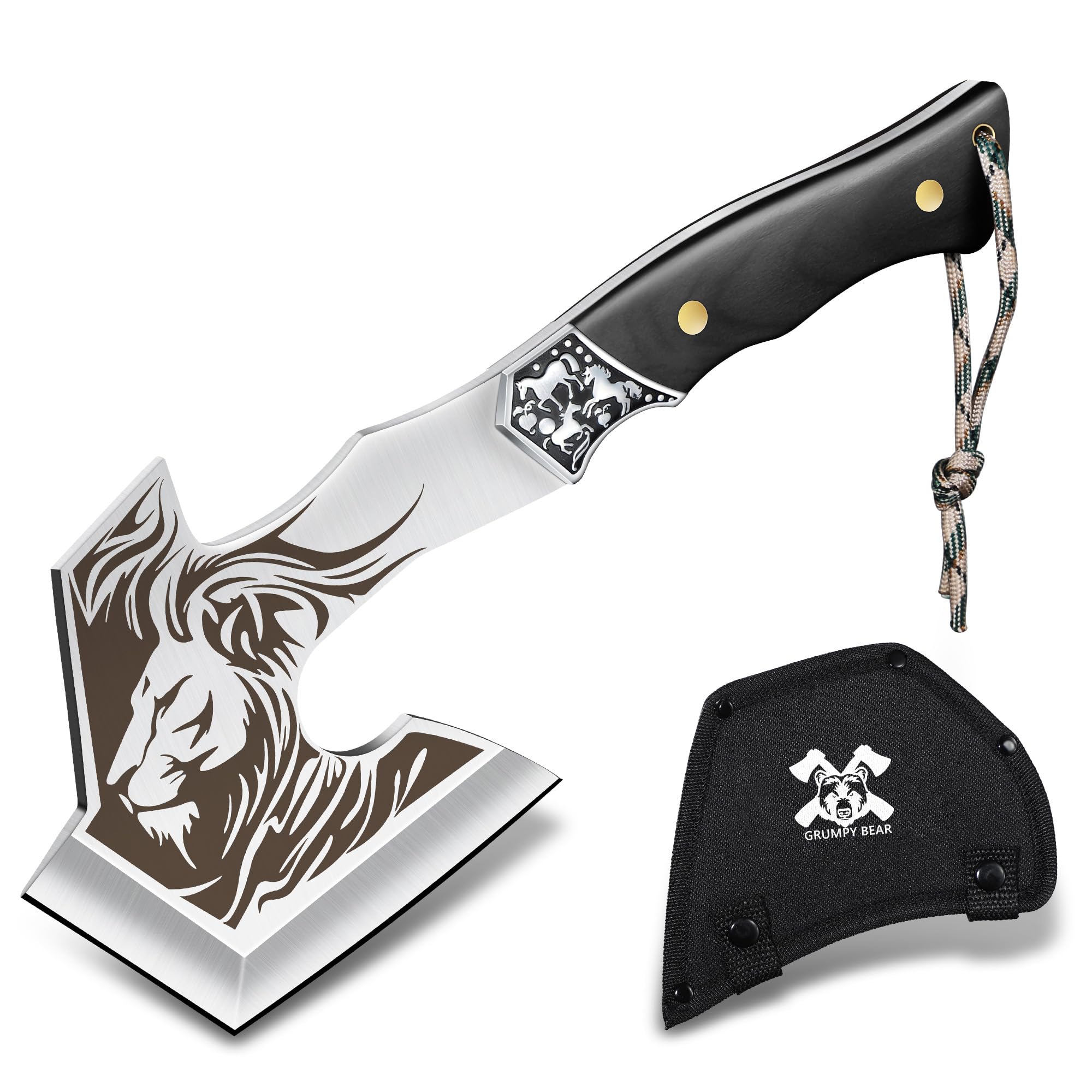 Grumpy Bear Camping Hatchet With Lion Carving Full Tang Outdoor ...