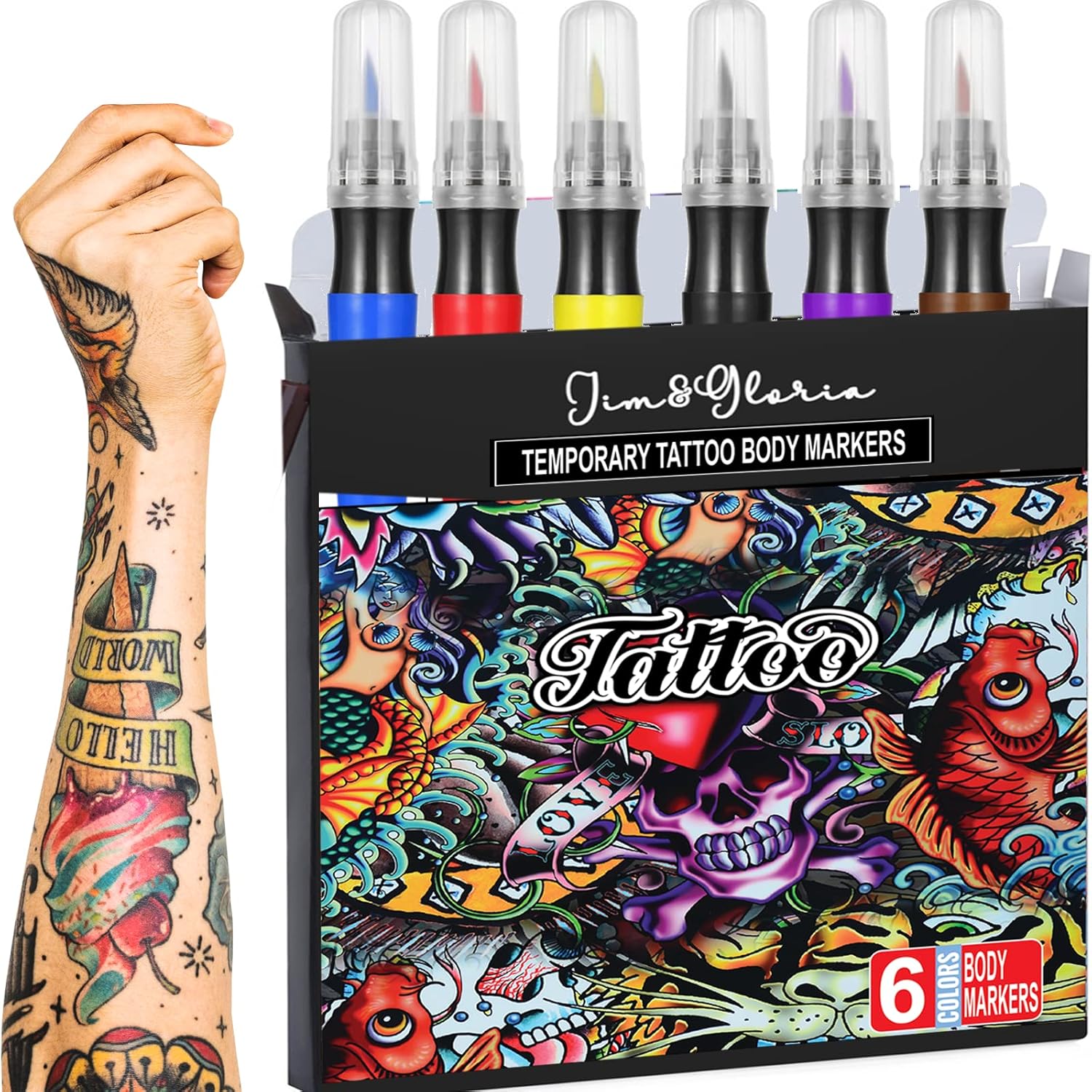 Amazon.com : Jim&Gloria Body Tattoo Markers 6 Colors Fake Tattoos ...