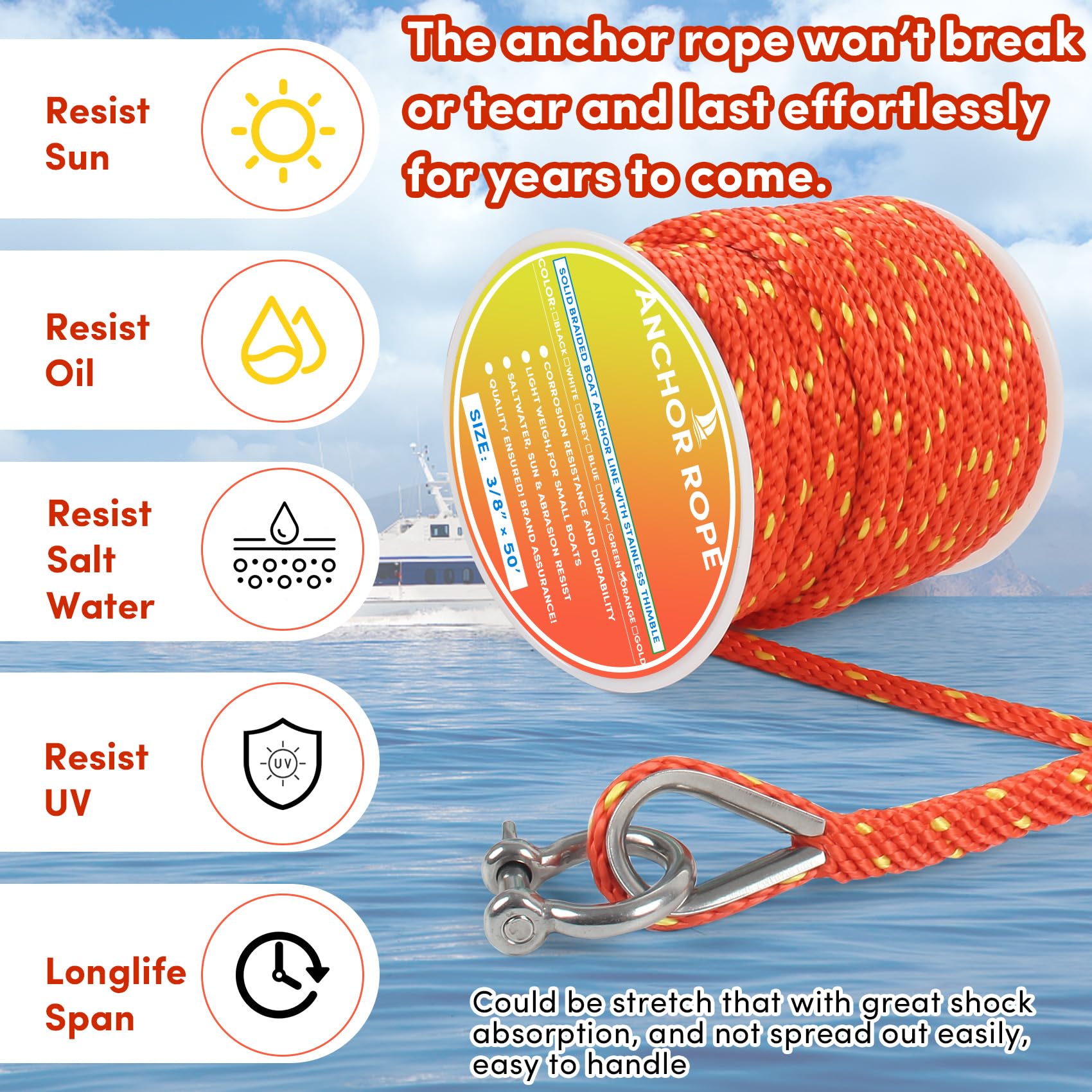 Snapklik.com : Premium Anchor Rope 50 Ft X 3/8 Inch, Solid Braid MFP ...