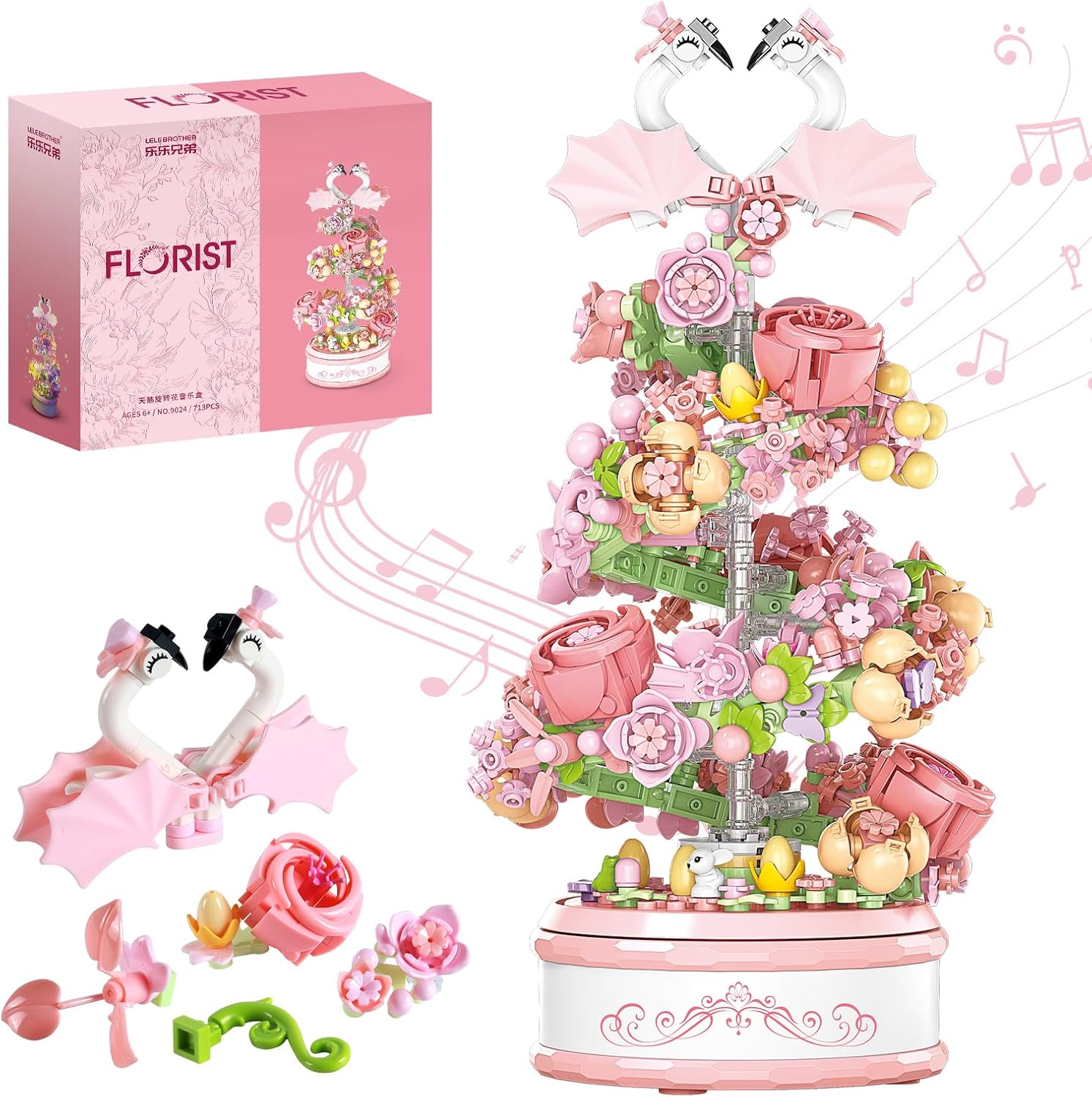 Amazon.com: Flowers Music Box Building Block Kit with Light-713PCS ...