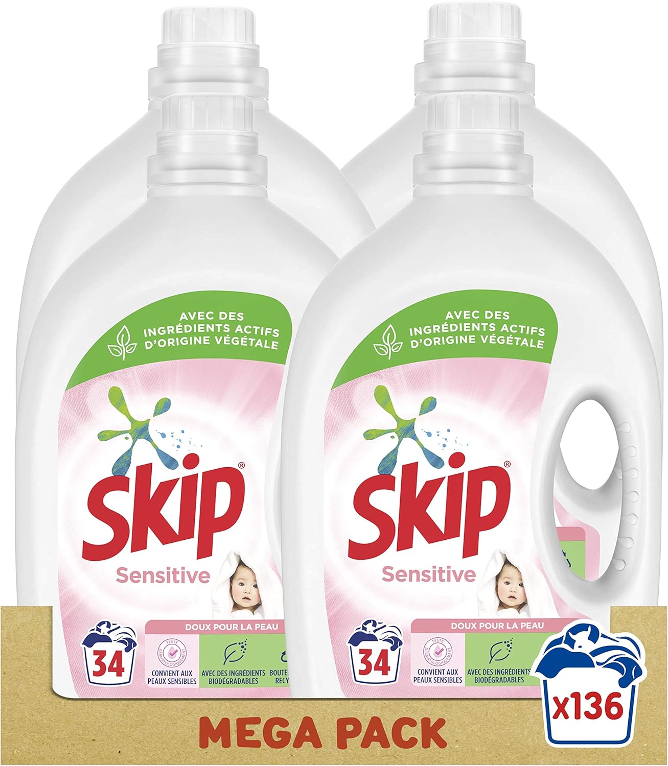 SKIP Detergente líquido Sensitive 1,7 L 68 lavados 4 unidades – Pack de ...