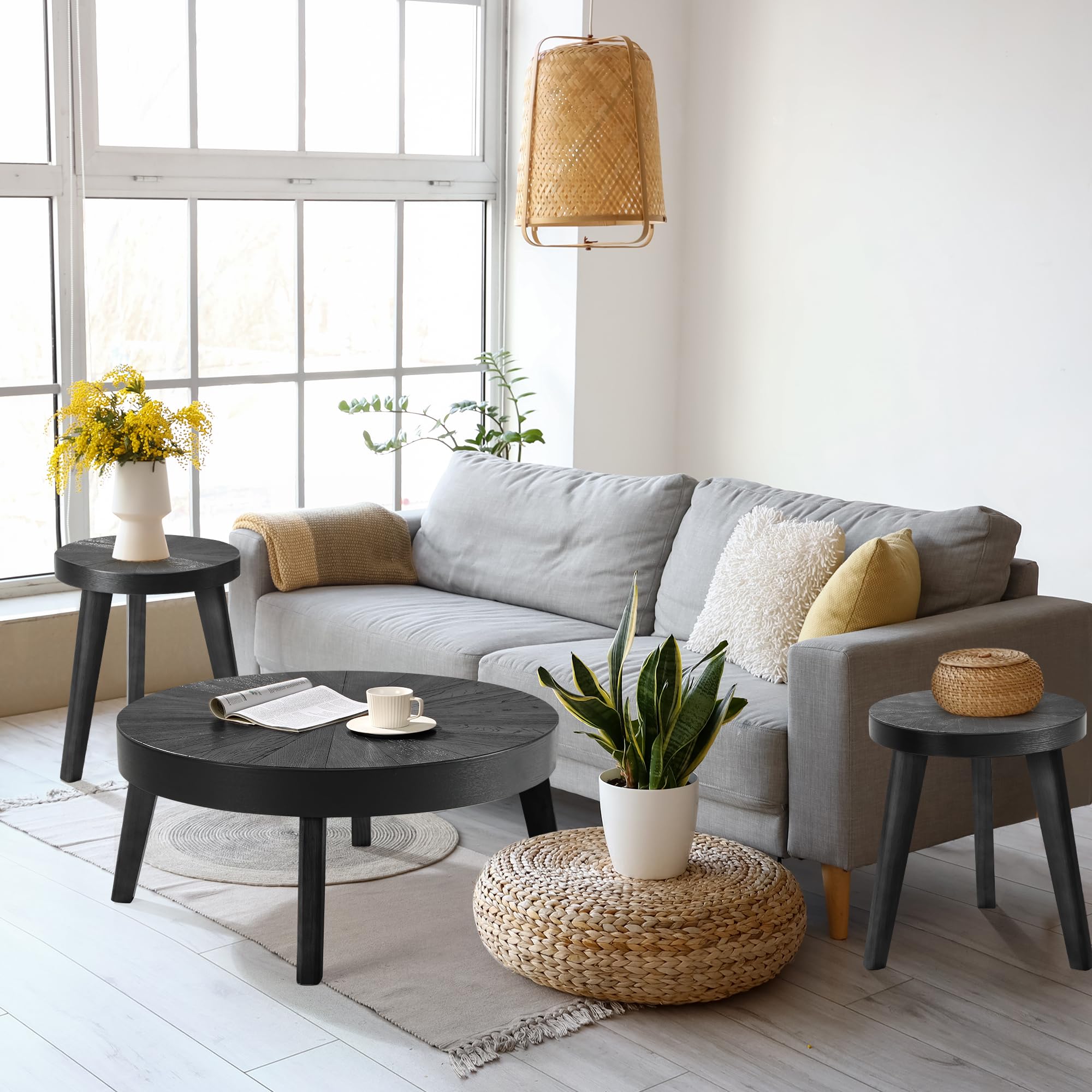 Snapklik.com : HOKYHOKY Farmhouse Round Coffee Table Set Of 3, Black ...