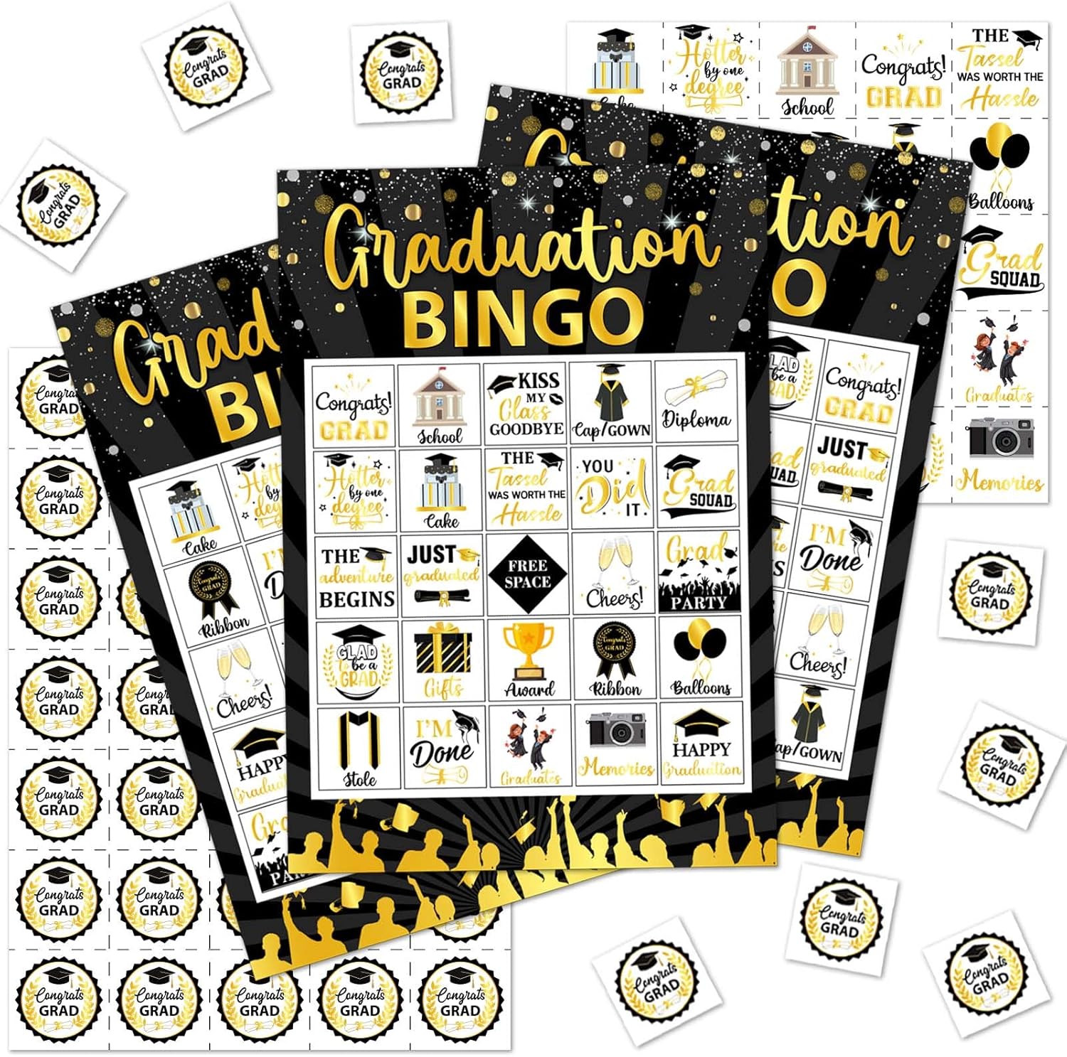Amazon.com: Balterever Graduation Bingo Games Black Gold Graduation ...