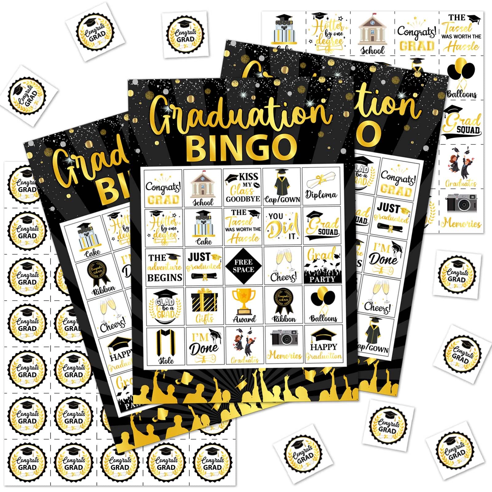 Amazon.com: Balterever Graduation Bingo Games Black Gold Graduation ...