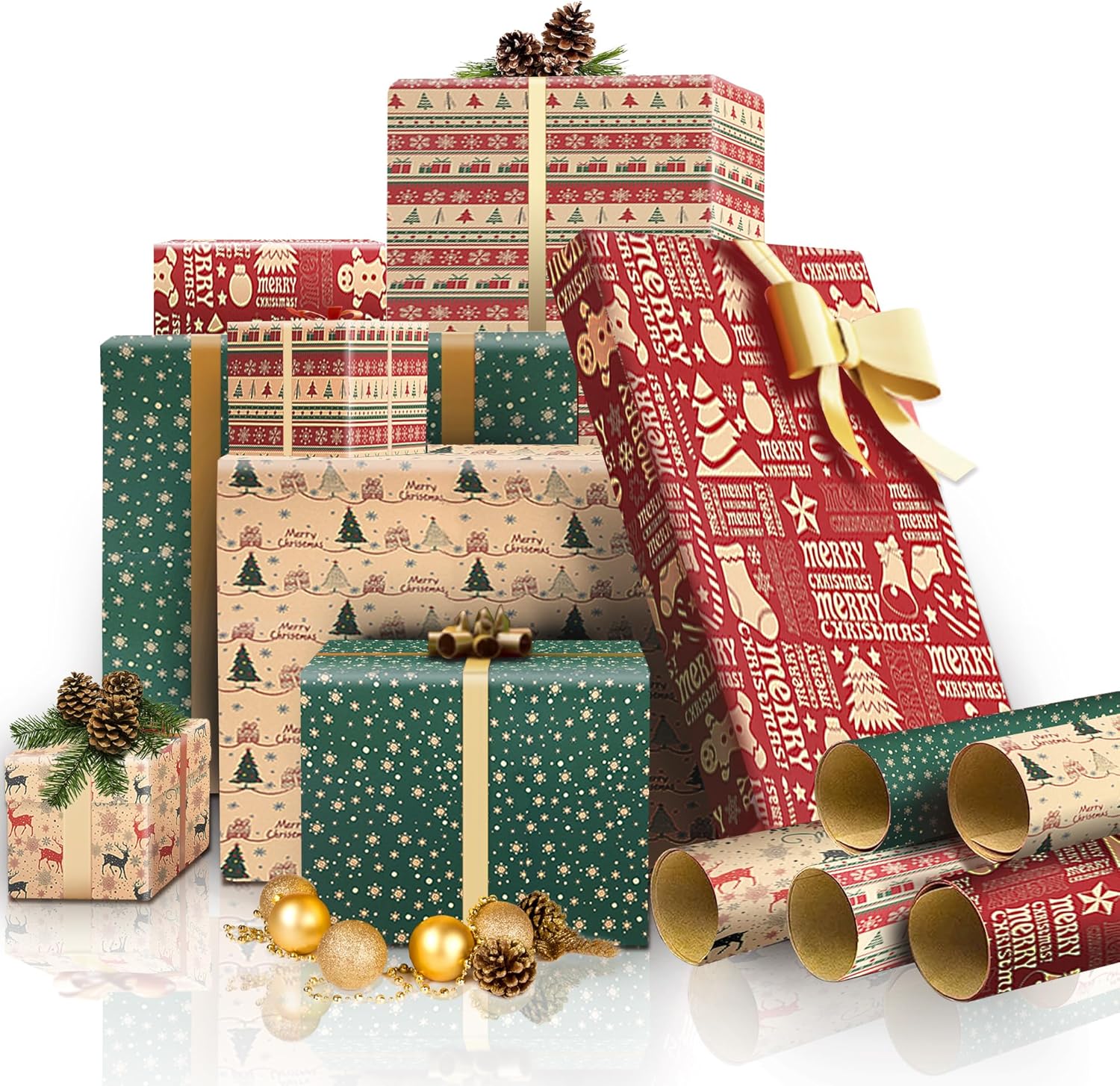 Carta Regalo Natale Vintage 10 Fogli, Kraft Riciclata, Carta da Regalo ...