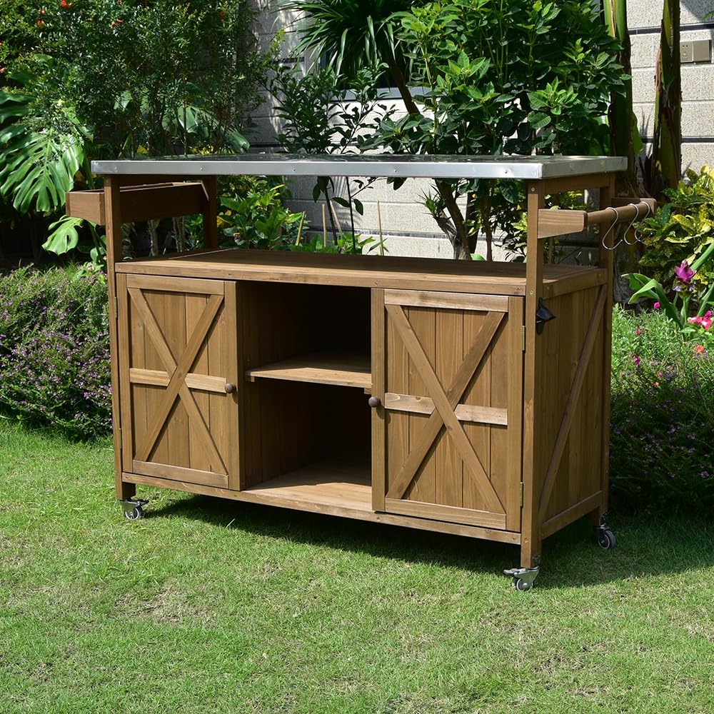Amazon.com: Wooden Kitchen Cart,Outdoor Dining Cabinet, Rolling Kitchen ...