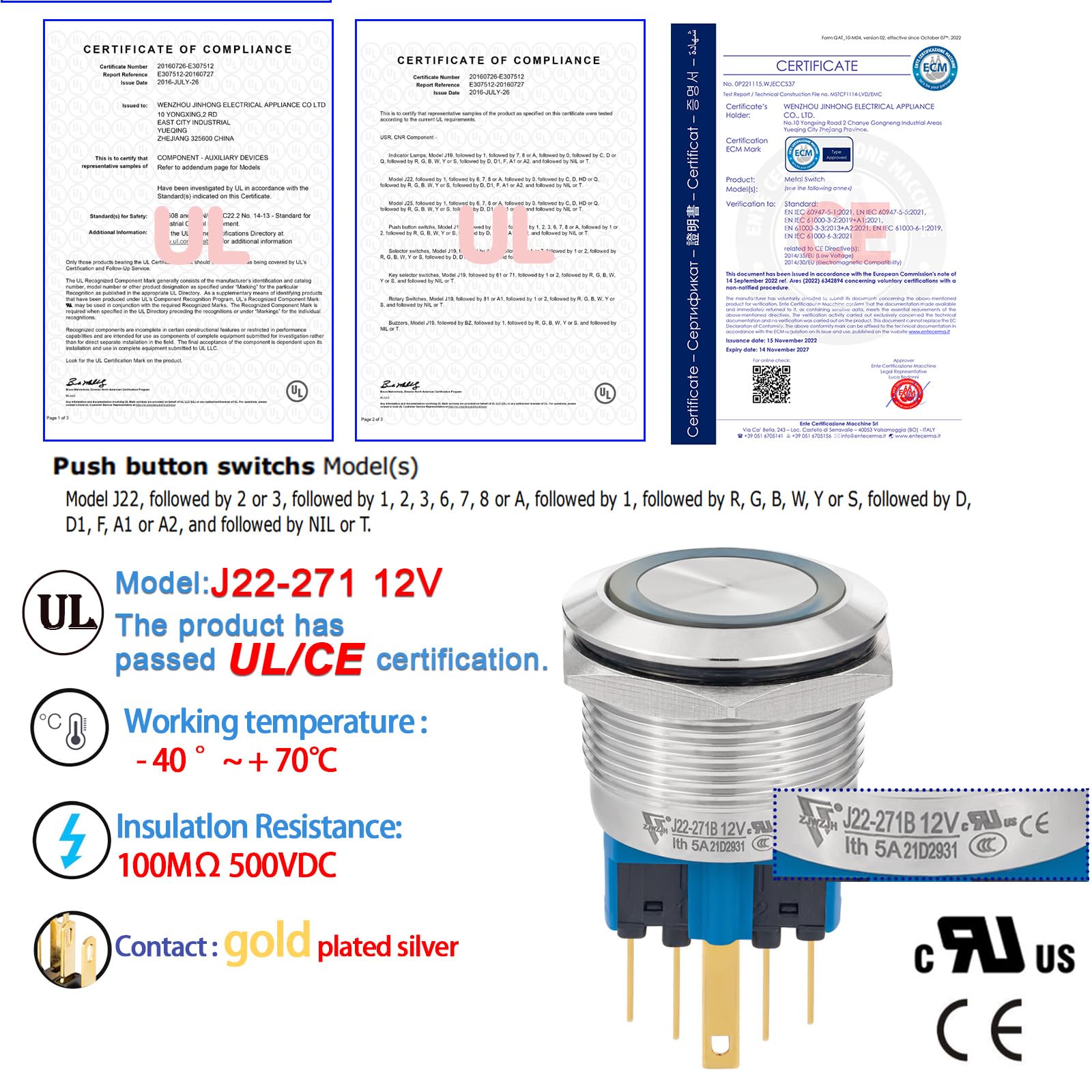 Snapklik.com : UL Certification Latching Push Button Switch 22mm 7/8 ...