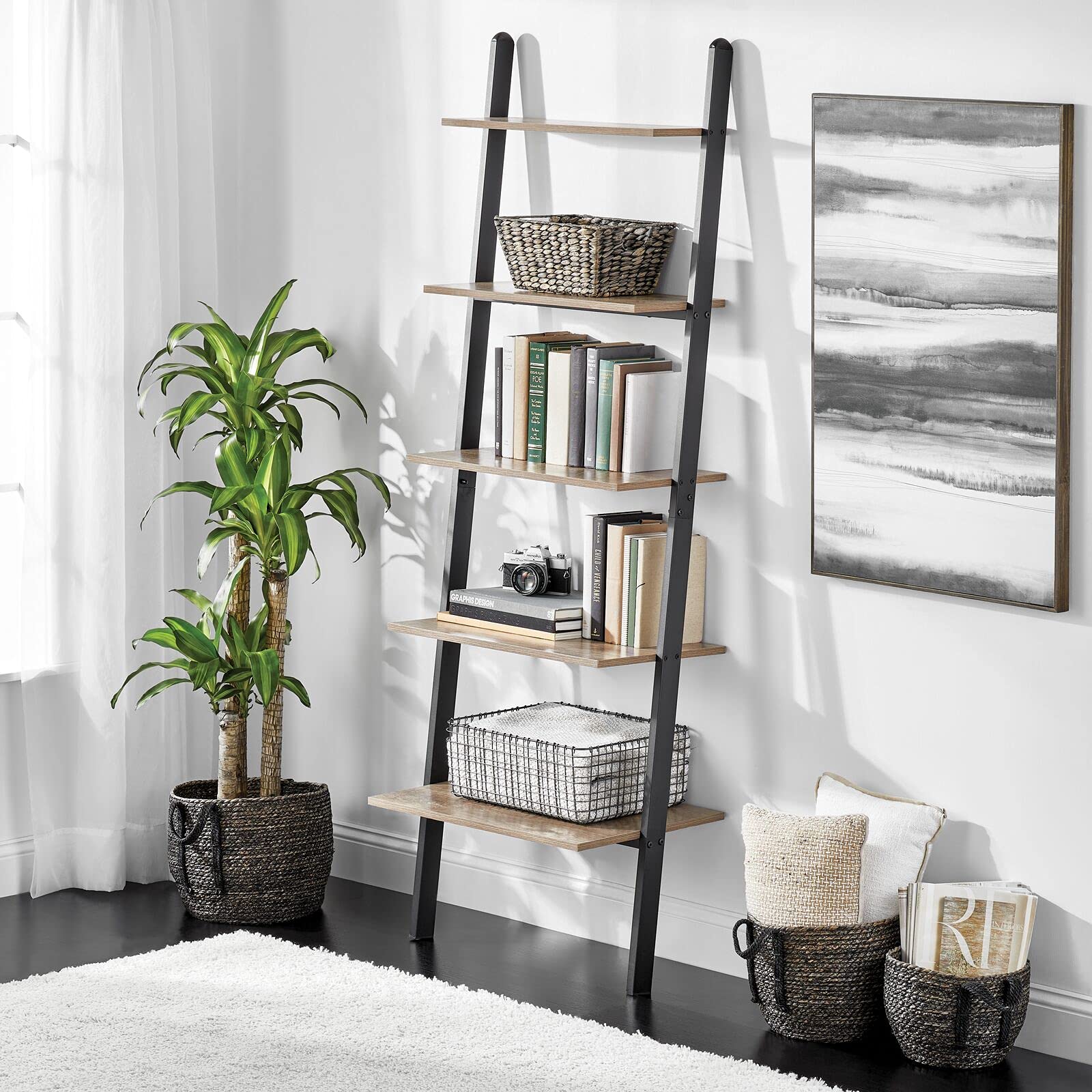 mDesign 5-Tier Leaning Ladder Bookshelf - Rustic Ladder-Style Shelf ...