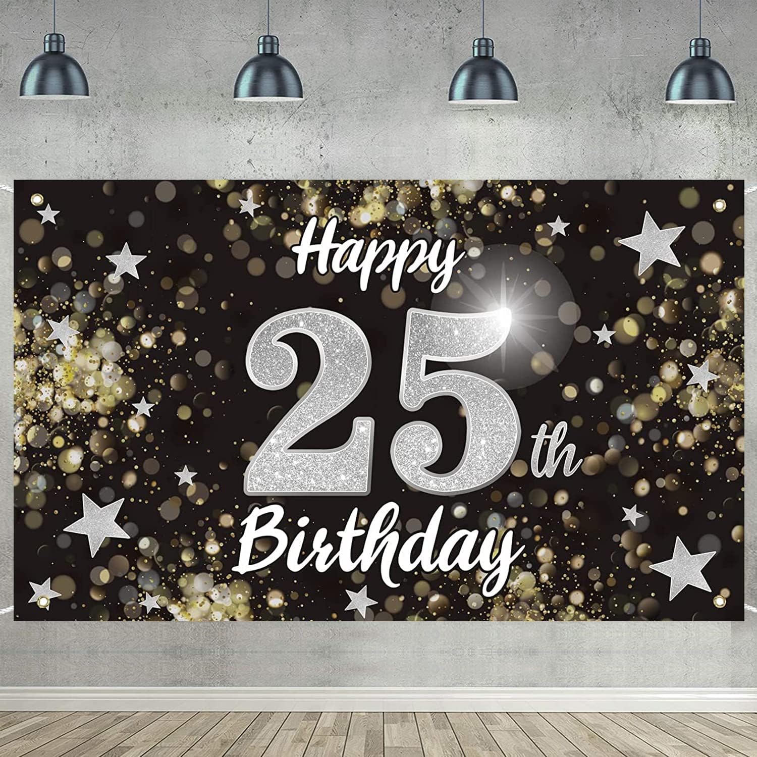 Black and Silver Happy 25th Birthday Backdrop Banner 25 Years Old ...