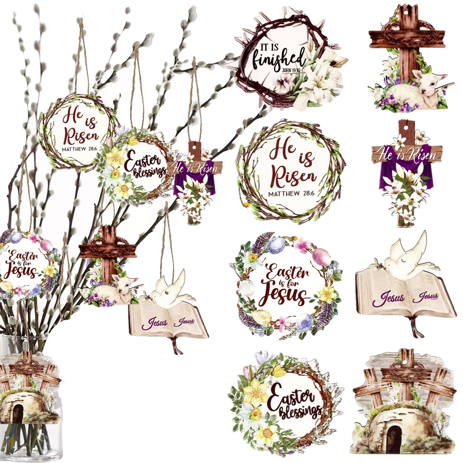 Amazon.com: 24 Pieces Easter Day Wooden Hanging Ornament He is Risen ...
