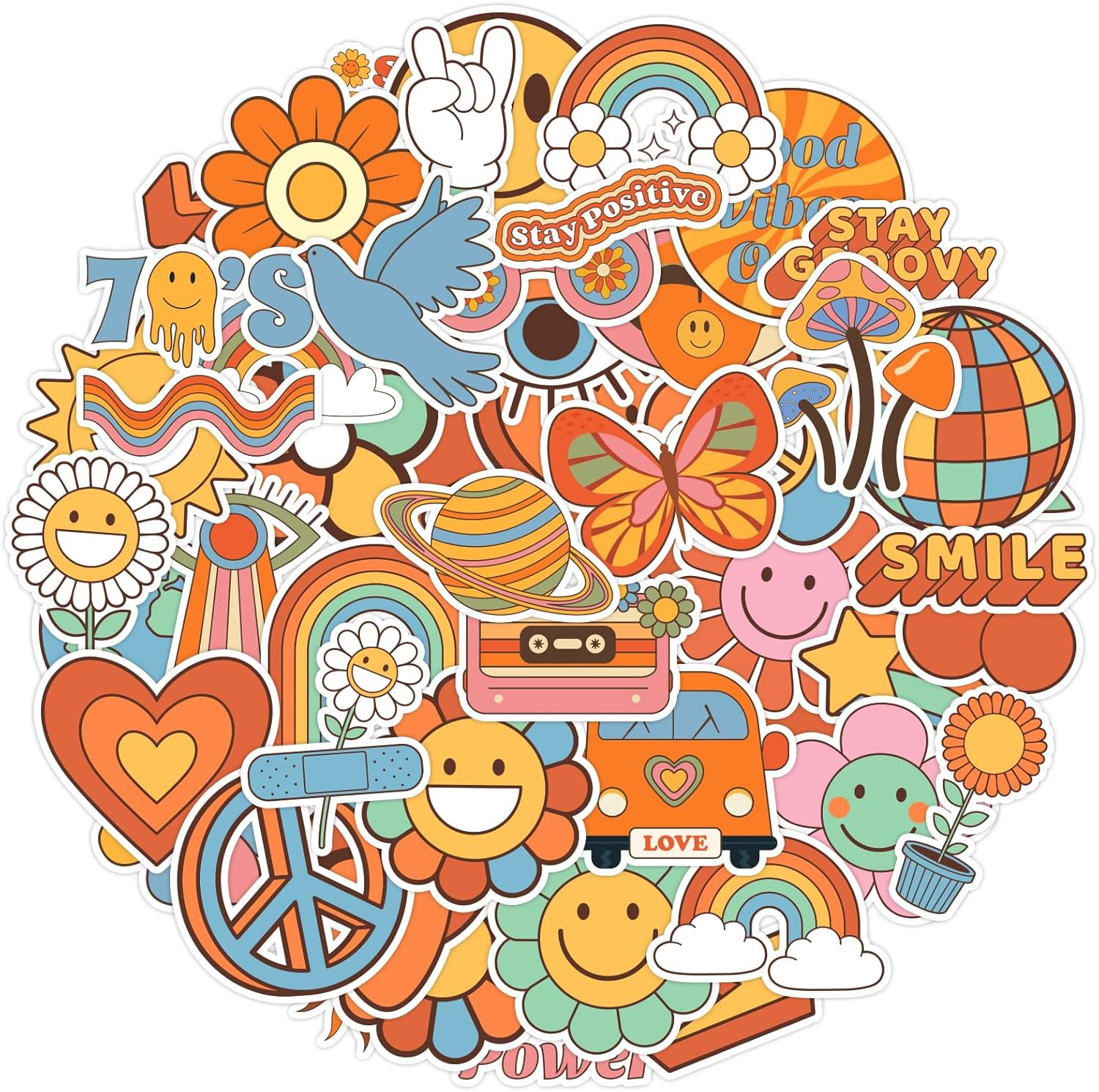 50 Pcs Hippie Stickers, Groovy Preppy Boho Daisy 70s RetroVinyl ...