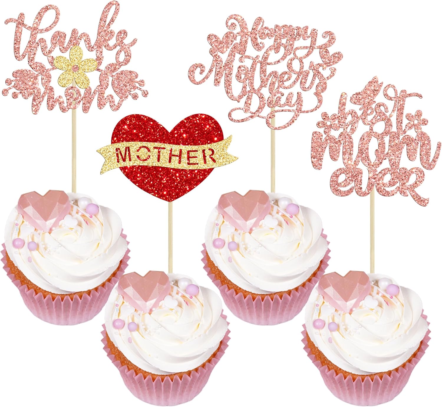 Amazon.com: Gyufise 24Pcs Happy Mothers Day Cupcake Toppers Flower Best ...