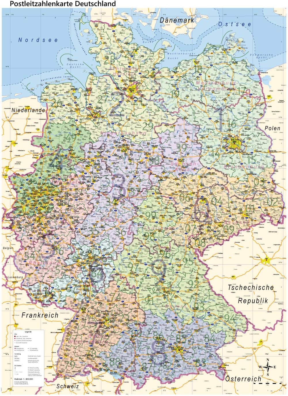 XL Postleitzahlenkarte Deutschland mit Laminierung, DIN B0, 100 x 140 ...