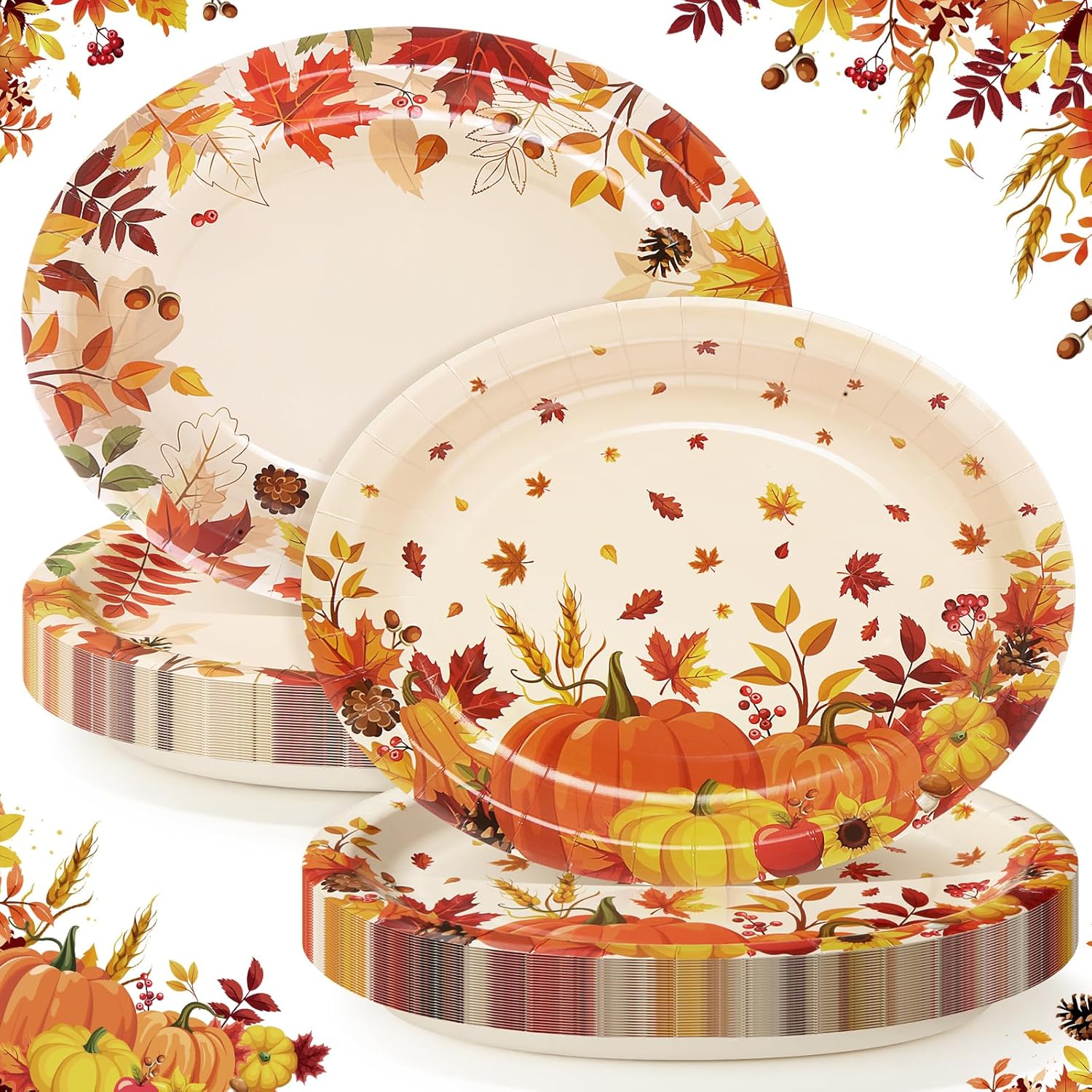 Amazon.com: SUMMORO 50 Pcs Thanksgiving Oval Paper Plates 10"x12" Large ...
