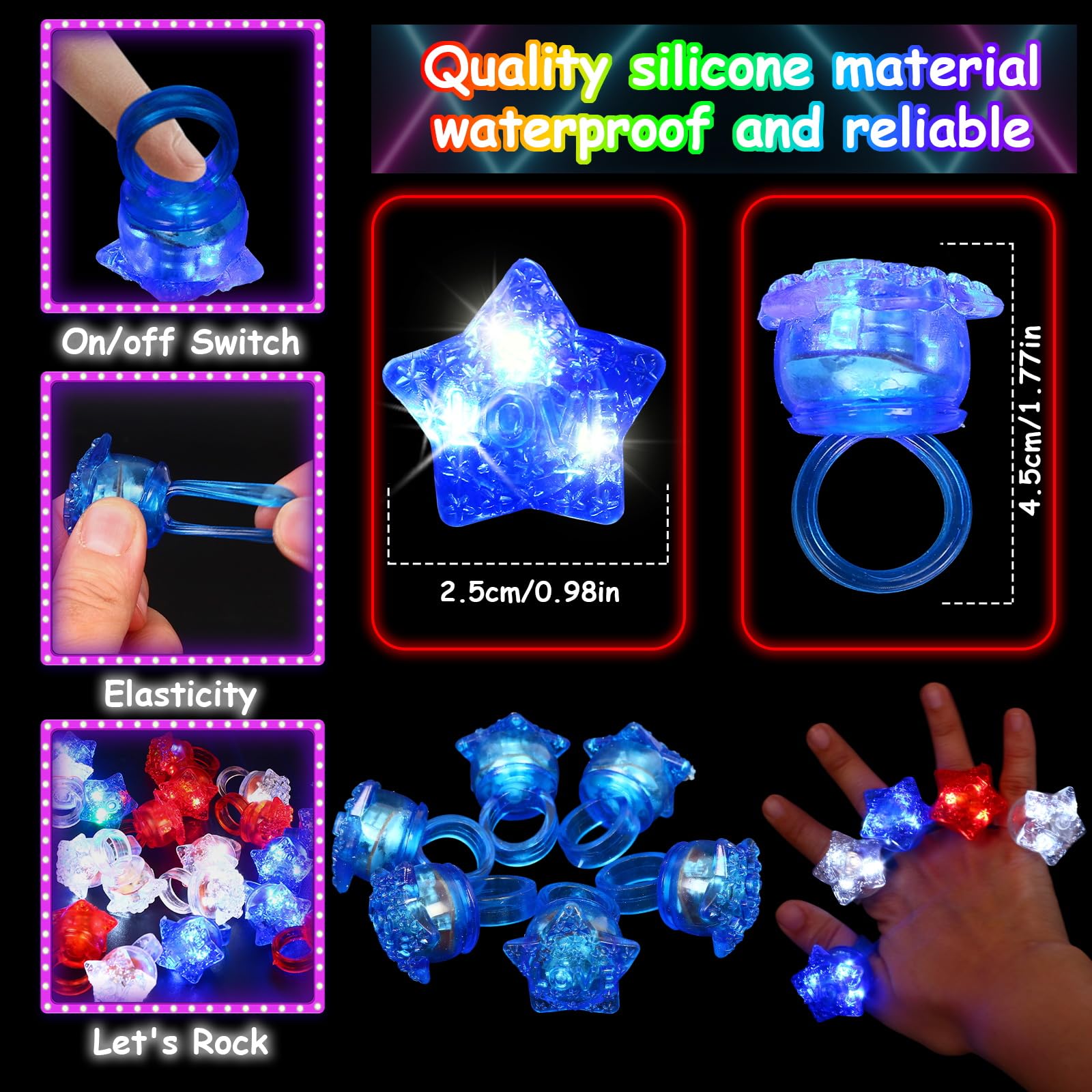 Snapklik.com : NUDALA 24 Pack Blue Light Up Star Rings Glow In The Dark ...