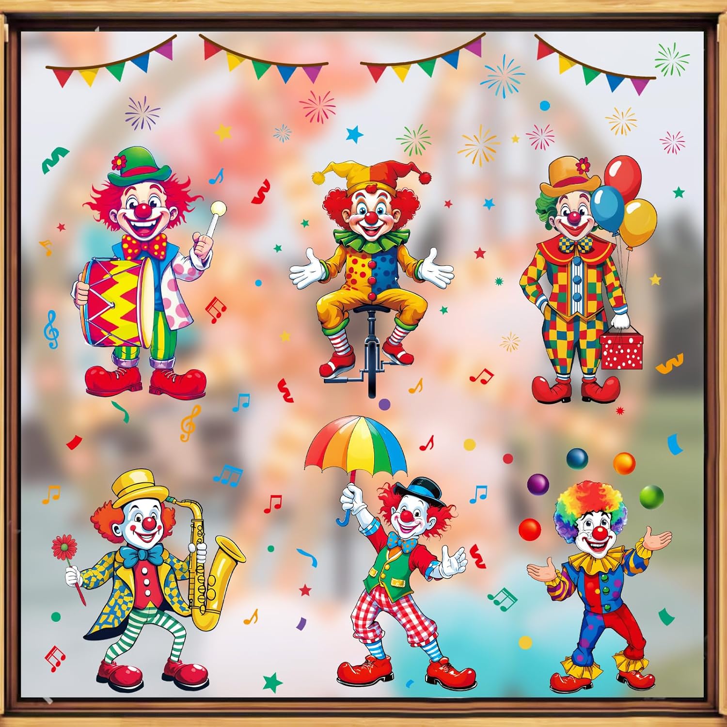 BETESSIN Window Stickers Carnival - 6 Sheets Clown Window Pictures Self ...