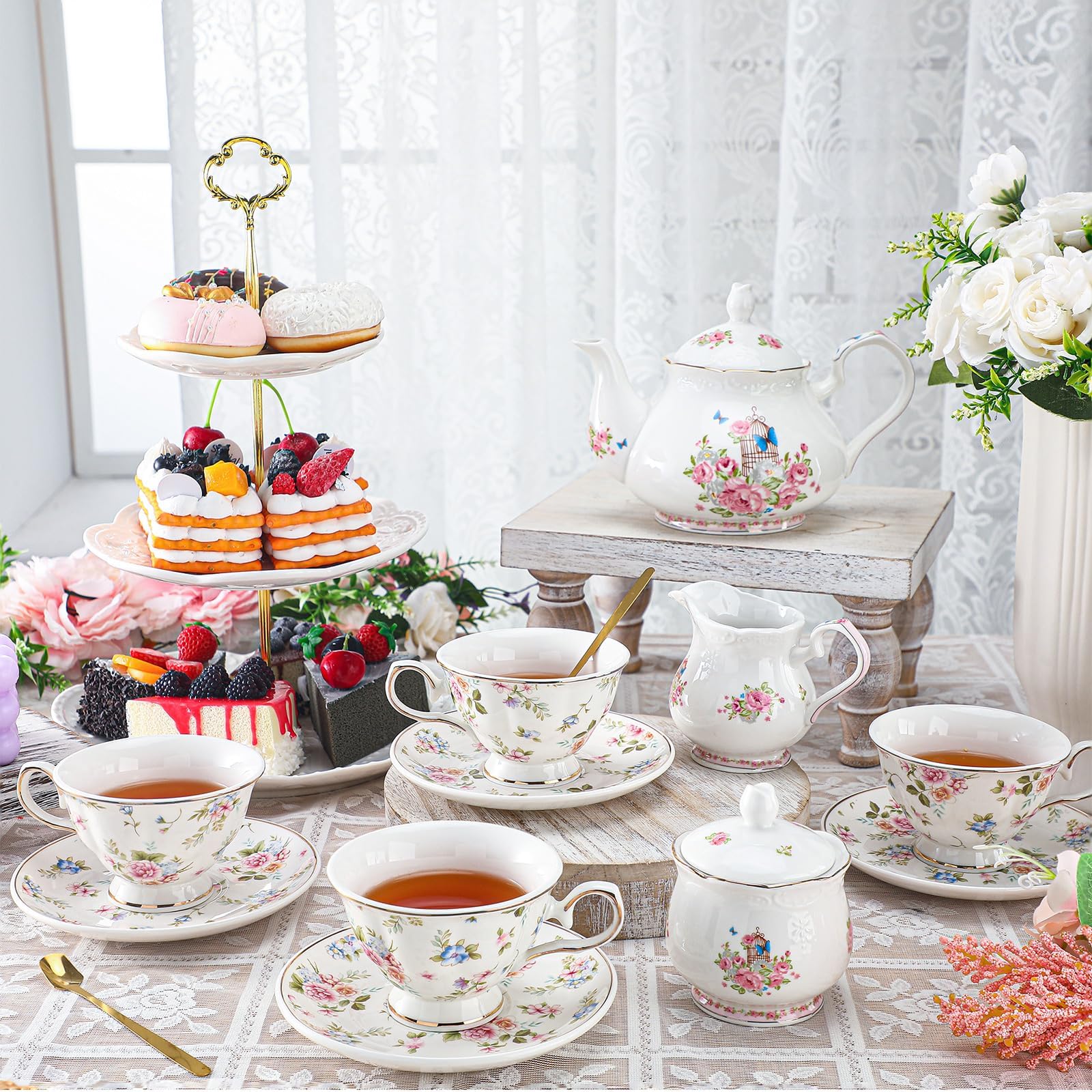 Amazon.com | Vesici 16 Pcs Porcelain Tea Party Set Floral Ceramic ...