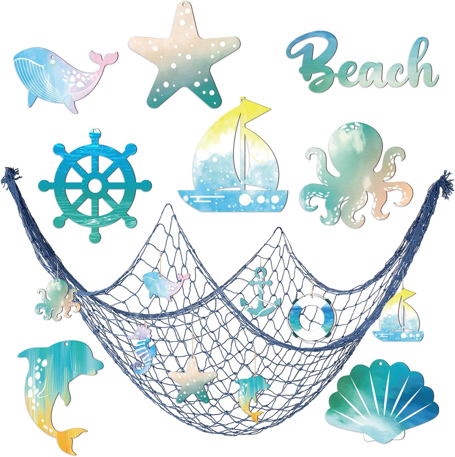 Amazon.com: Wesnoy 12 Pcs Wooden Nautical Wall Decor Fishing Net Decor ...