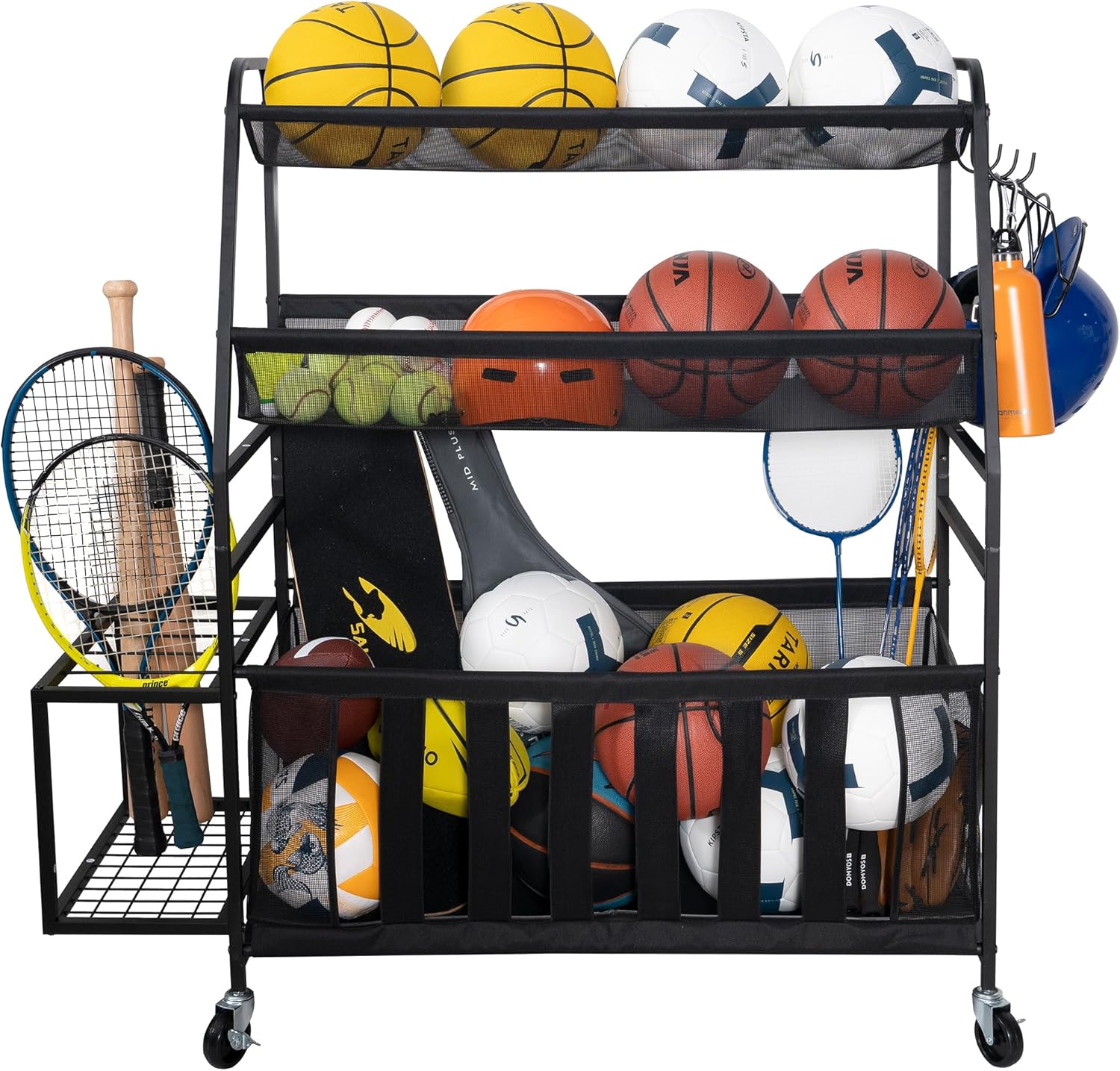 STORAGE MANIAC Ball Storage Bin Rolling Sports Ball Cart, Metal Garage ...