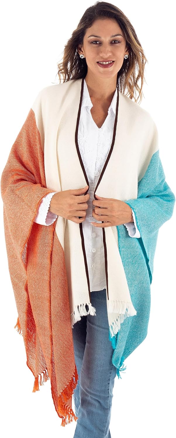 NOVICA Artisan Handmade Suedetrimmed 100% Baby Alpaca Ruana Tricolor ...