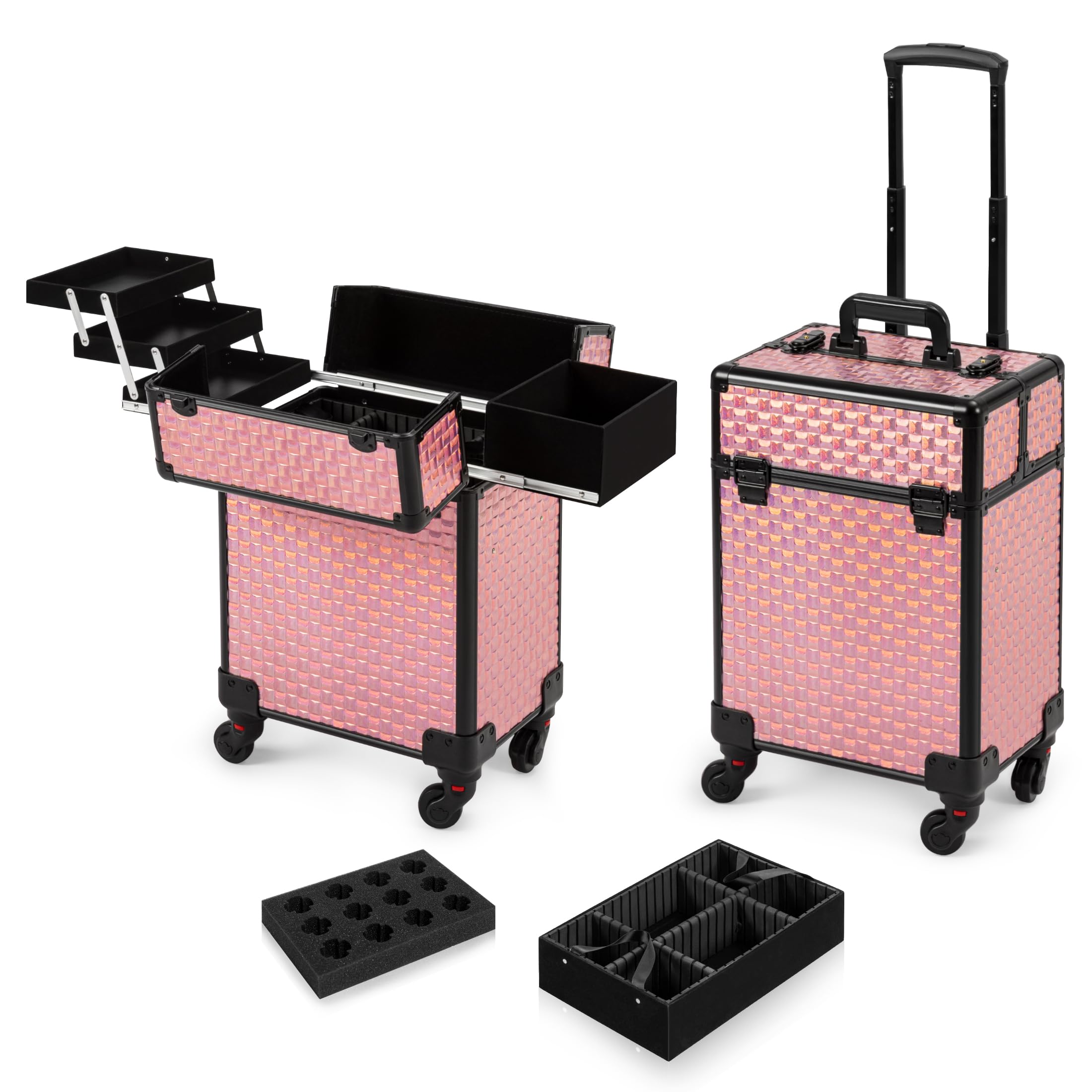 Rolling Makeup Train Case Cosmetic Travel Trolley 4 Tray with Sliding ...