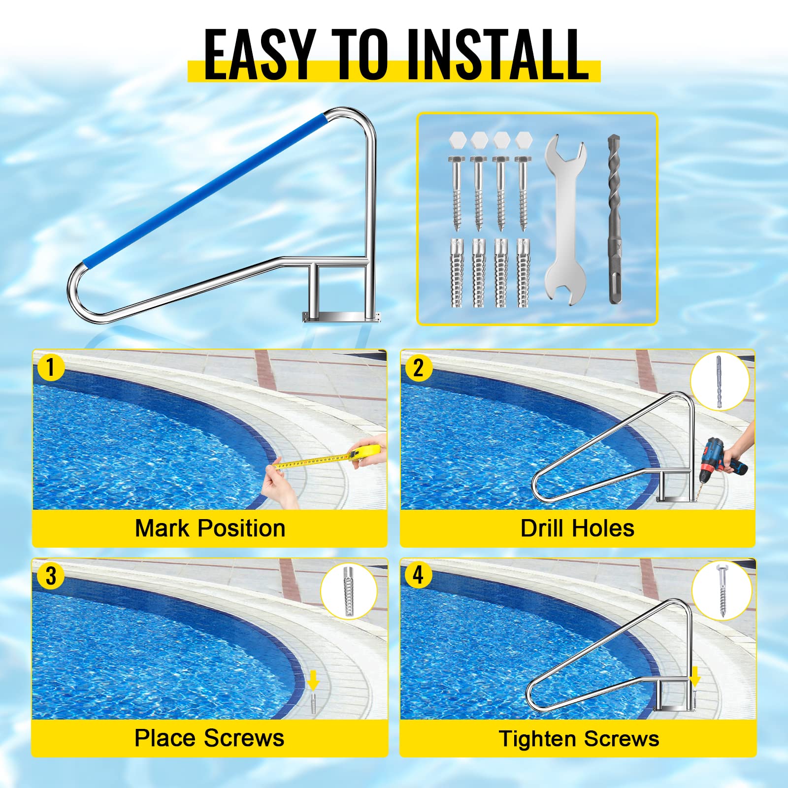 48x36 Inground Pool Stair Rail Stainless Steel Pool Handrail – 48" Long ...