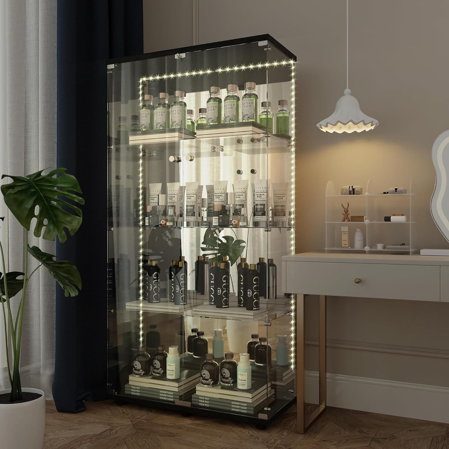 Amazon.com: 4-Shelf Glass Display Cabinet with Lights Strip and Mirror ...