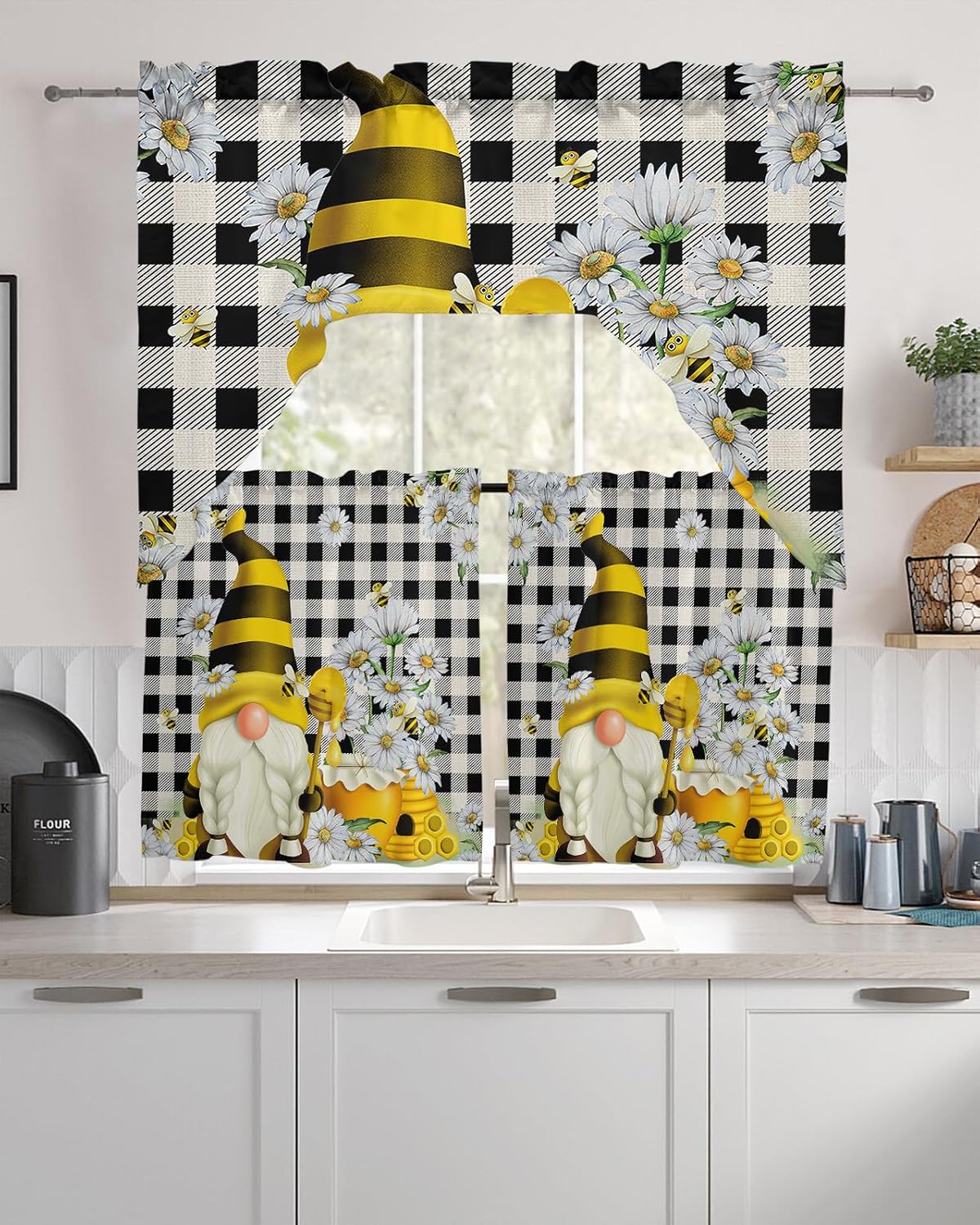 Amazon.com: Black White Plaid Swag Kitchen Curtain Sets with Valance,3 ...