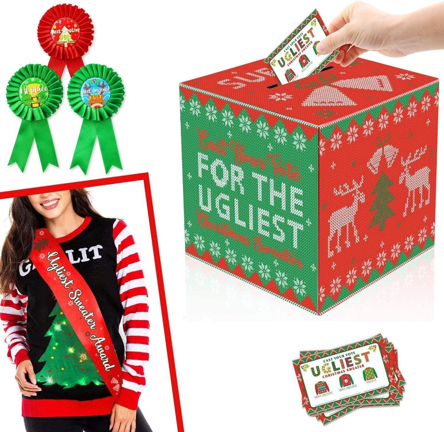 Amazon.com: Yaaaaasss! Ugly Sweater Contest Ballot Box,50 Voting Cards ...