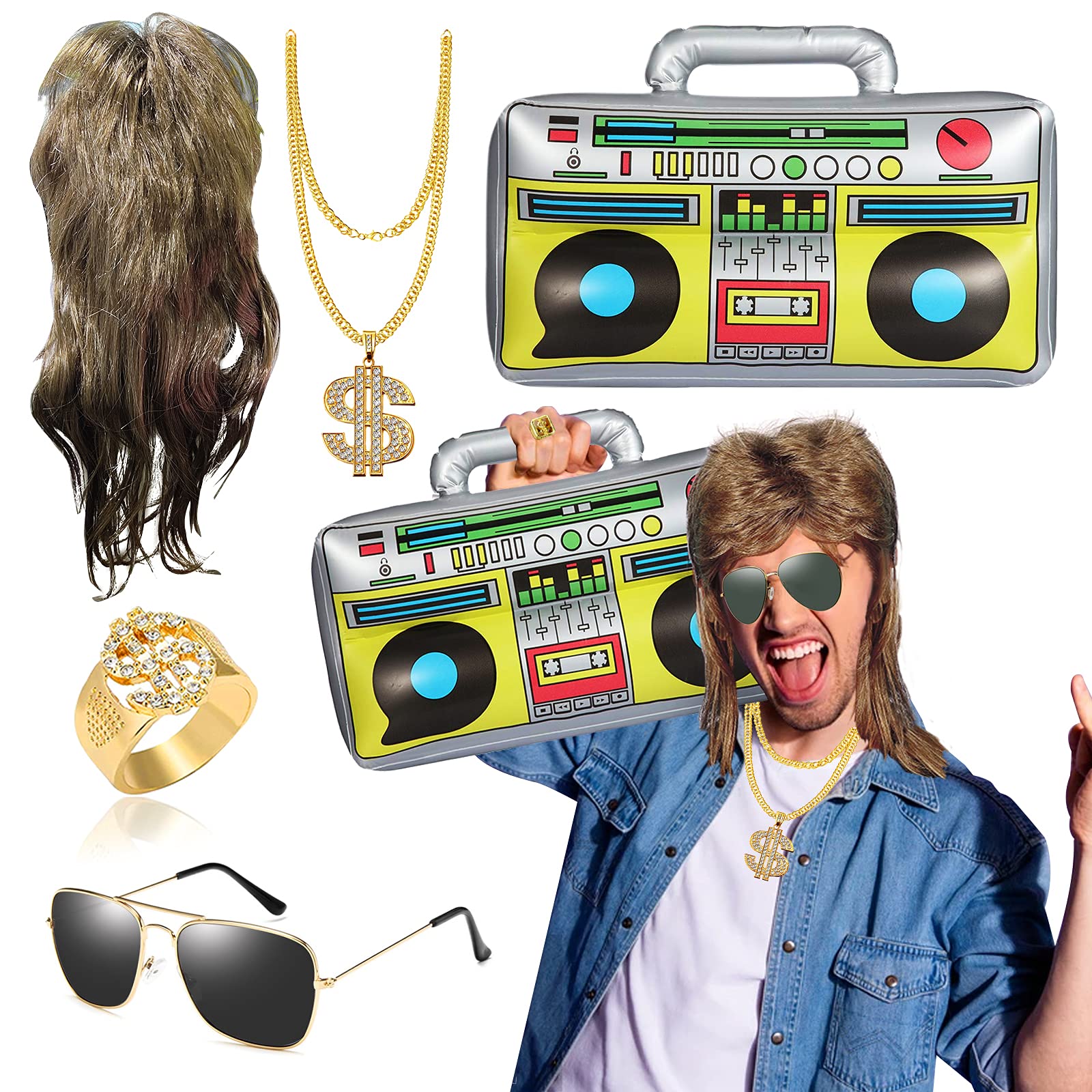 Buy BIQIQI 80s 90s Hip Hop Costume Kit Rapper Costume with Brown Mullet ...