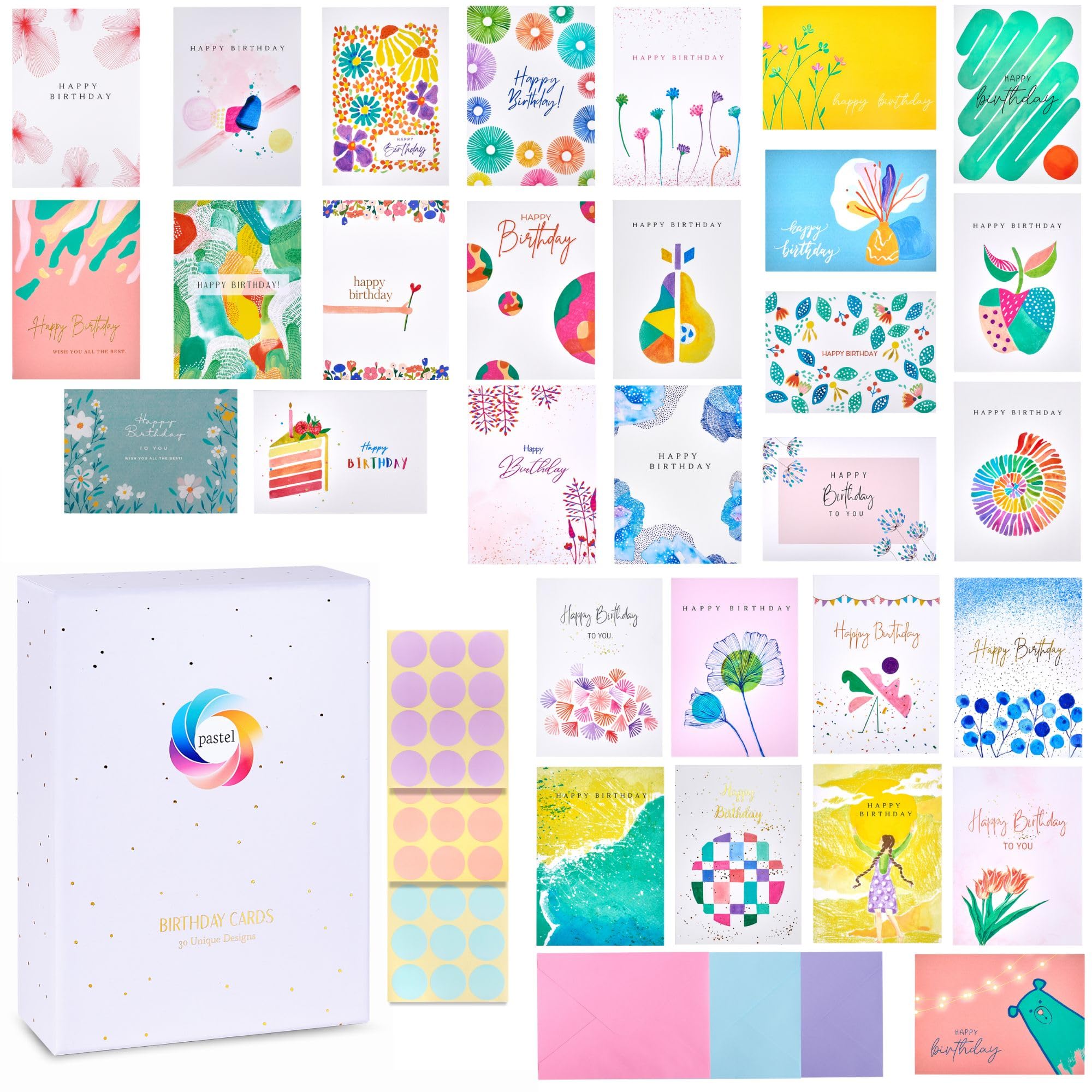 Amazon.com : 30 Pack Assorted Birthday Cards with Envelopes & Stickers ...