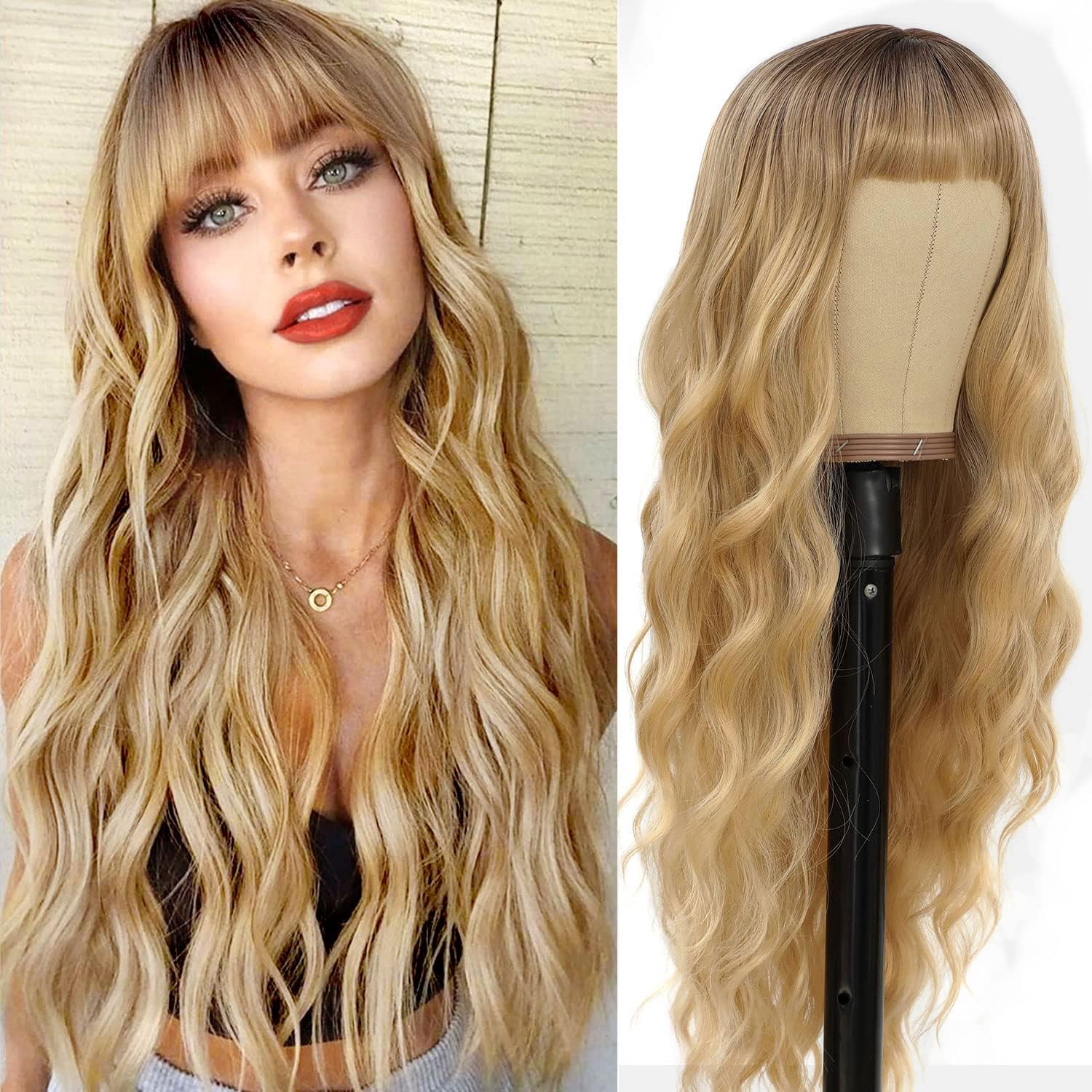 Amazon.com : Lativ Ombre Blonde Brown Wig with Bangs Long Wavy Curly ...