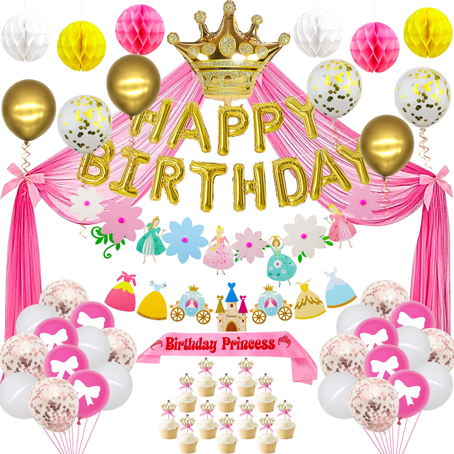 Buy Princess Party Supplies, Tulle Backdrop, Gold Happy Birthday ...