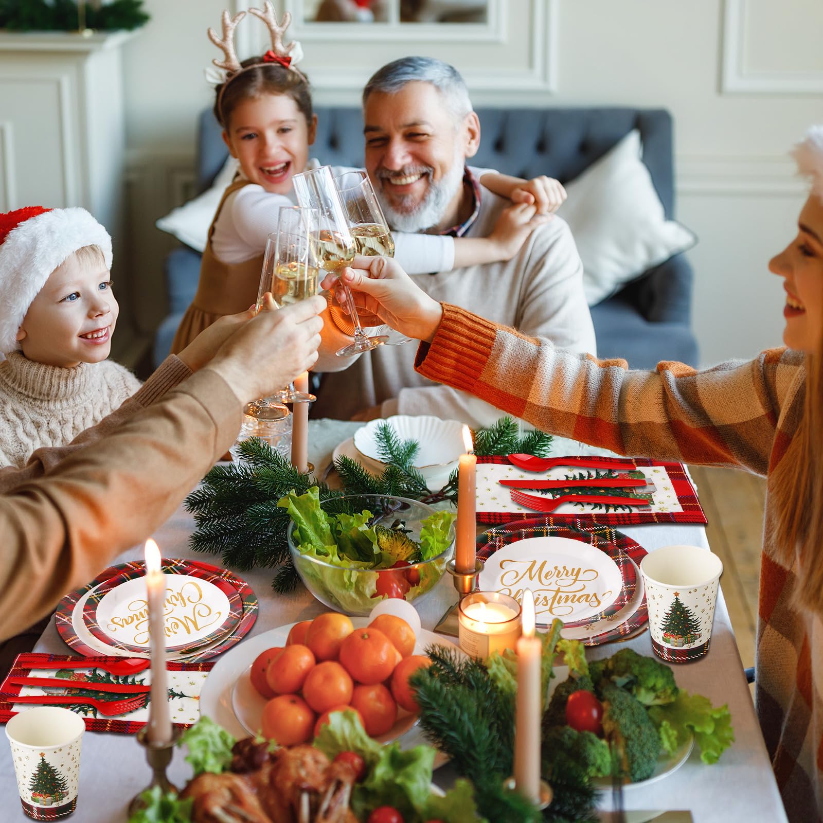 400 Pcs Christmas Disposable Dinnerware Set Serve 50 Red Buffalo Plaid ...