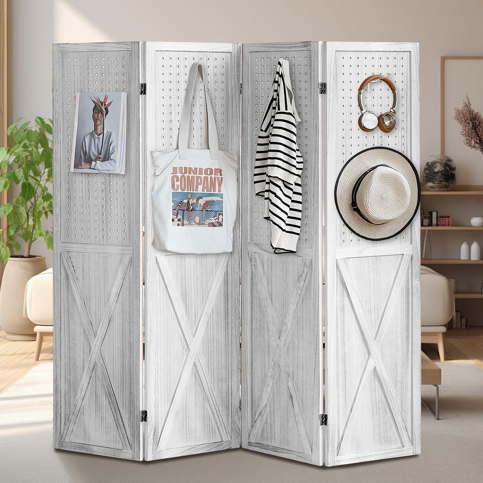 Amazon.com: ALeesing 4 Panel Room Divider, 5.6Ft Pegboard Display Wood ...