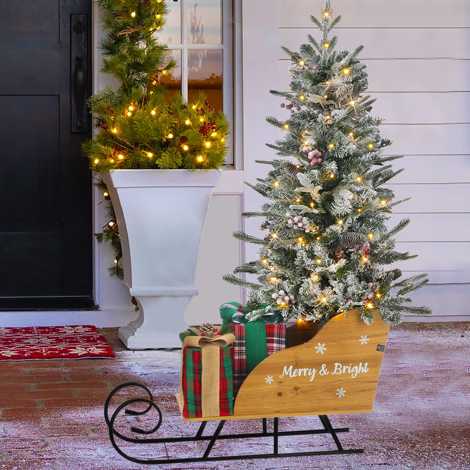 Amazon.com: 4.3 FT Christmas Trees in Wooden Sleigh Prelit Artificial ...