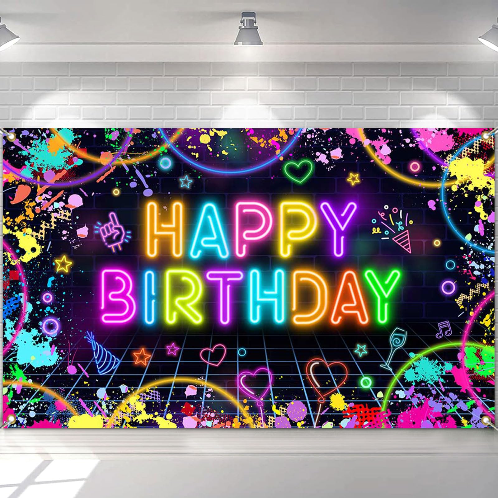Amazon.com : Mocsicka Neon Birthday Backdrop Banner Glow in The Dark ...