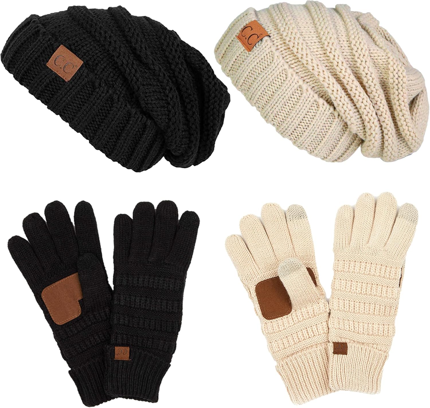 Funky Junque Women's Funky Winter Knit Slouchy Beanie Hat and Touchscreen Gloves Set - 2 Pack ...