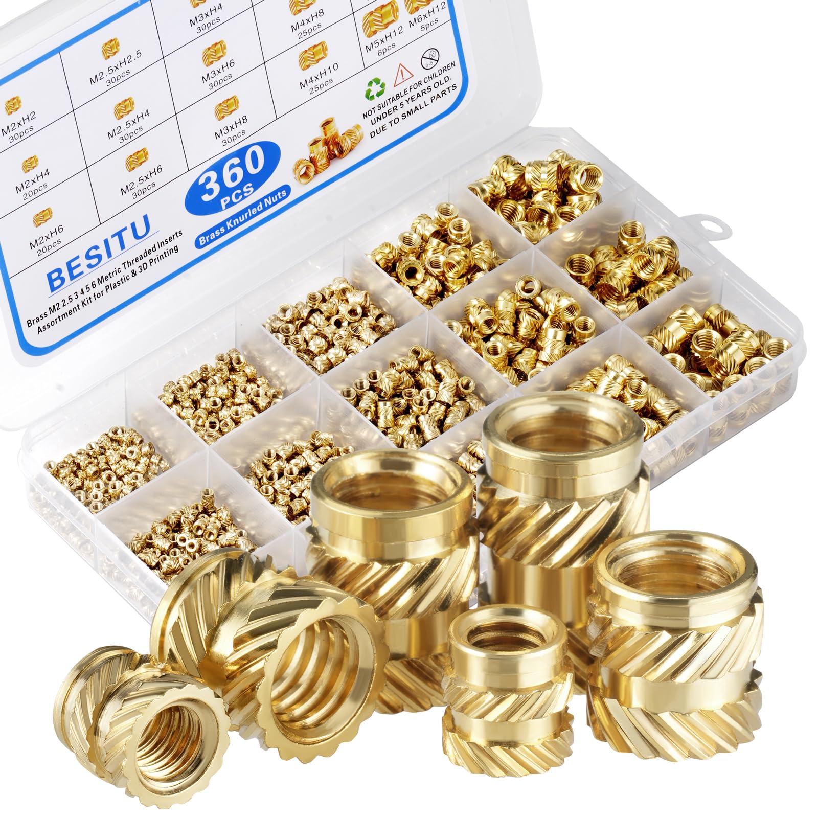 Besitu 360Pcs Threaded Inserts M2 M2.5 M3 M4 M5 M6 Brass Heat Set ...
