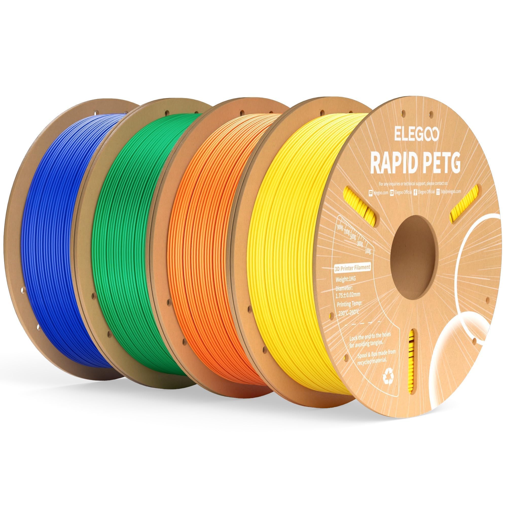 ELEGOO Rapid PETG Filament 1.75mm Yellow/Orange/Green/Blue 4KG 3D ...
