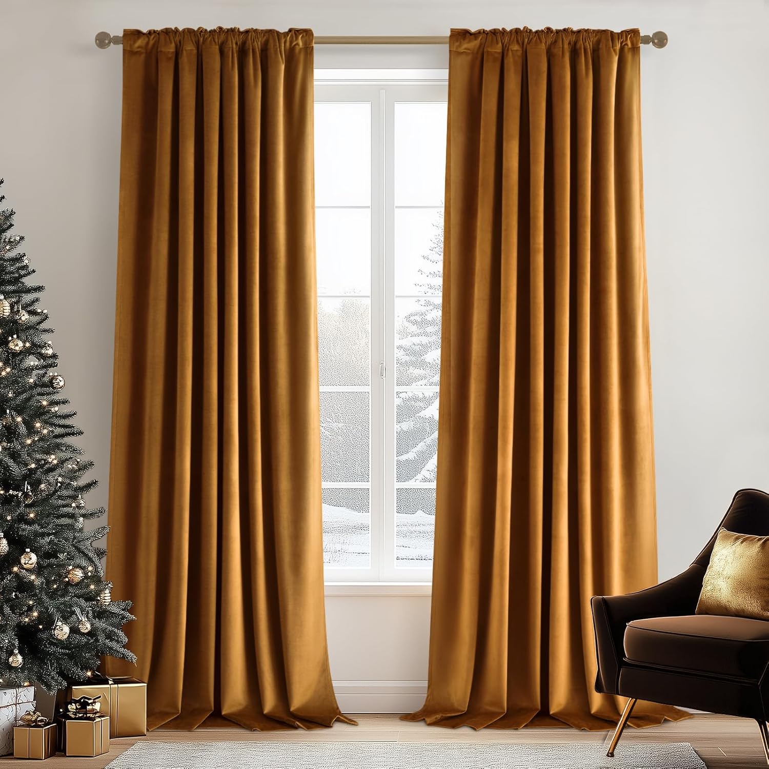 Amazon.com: Topfinel Velvet Curtains 90 Inch Long, Golden Brown Copper ...