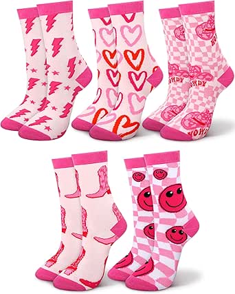 Jeyiour 5 Pairs Hot Pink Socks Cotton Heart Print Crew Socks Women ...