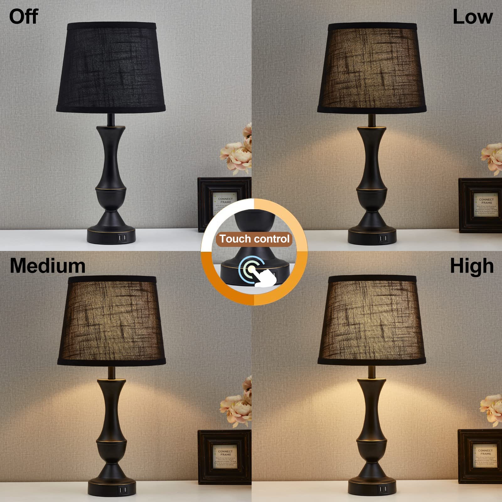 Table Lamps for Bedrooms Set of 2 Black, Bedside Touch Lamps with Dual ...