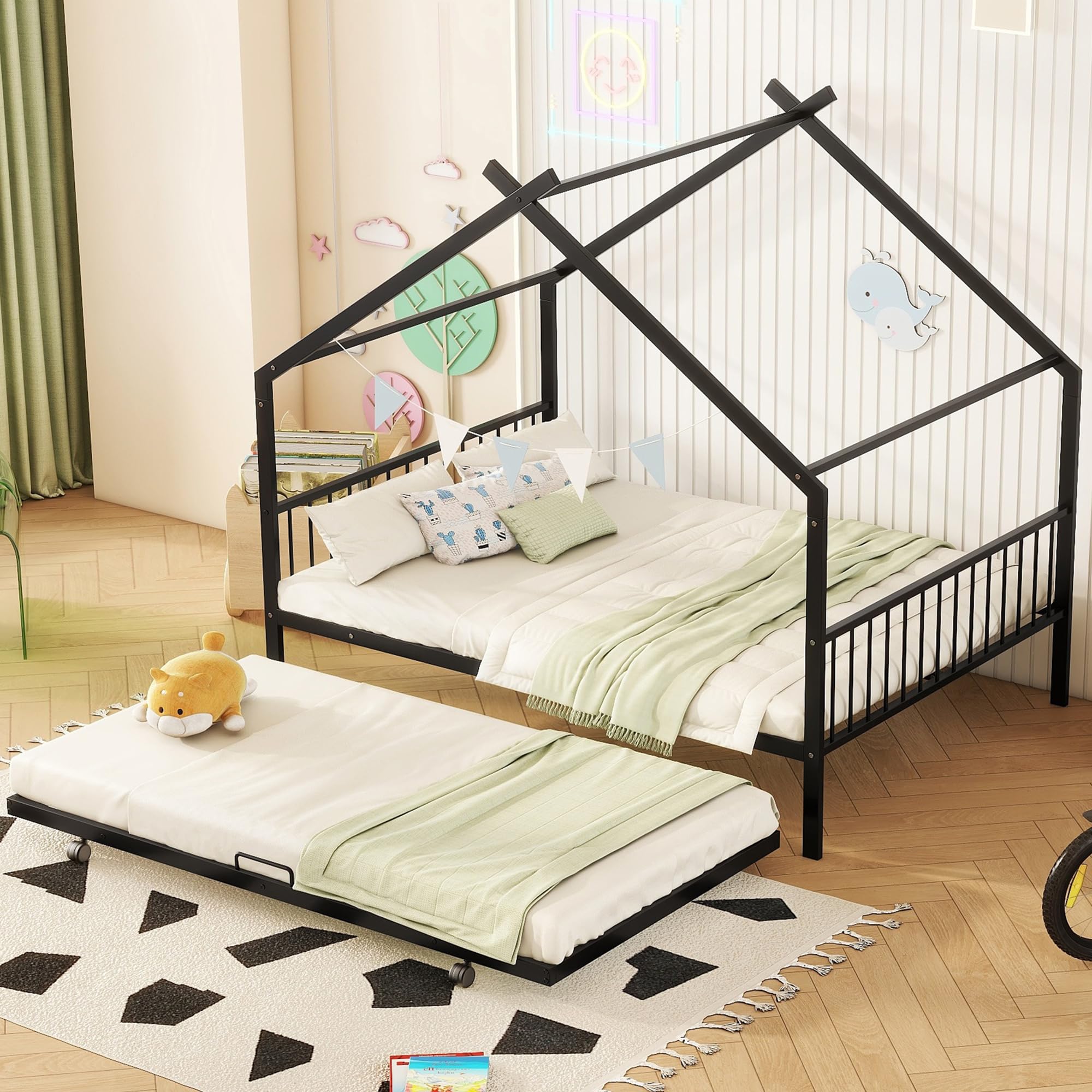 Snapklik.com : Metal House Bed For Kids, Full Size Bed Frame