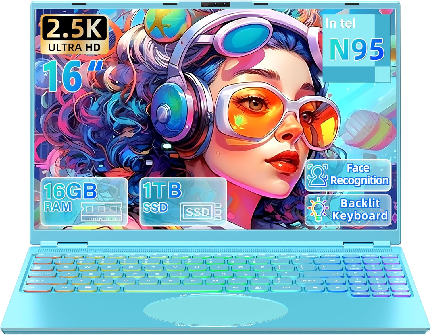 Amazon.com: New 16" Blue Laptop,Ultra-Narrow Bezel 2.5K QHD IPS ...
