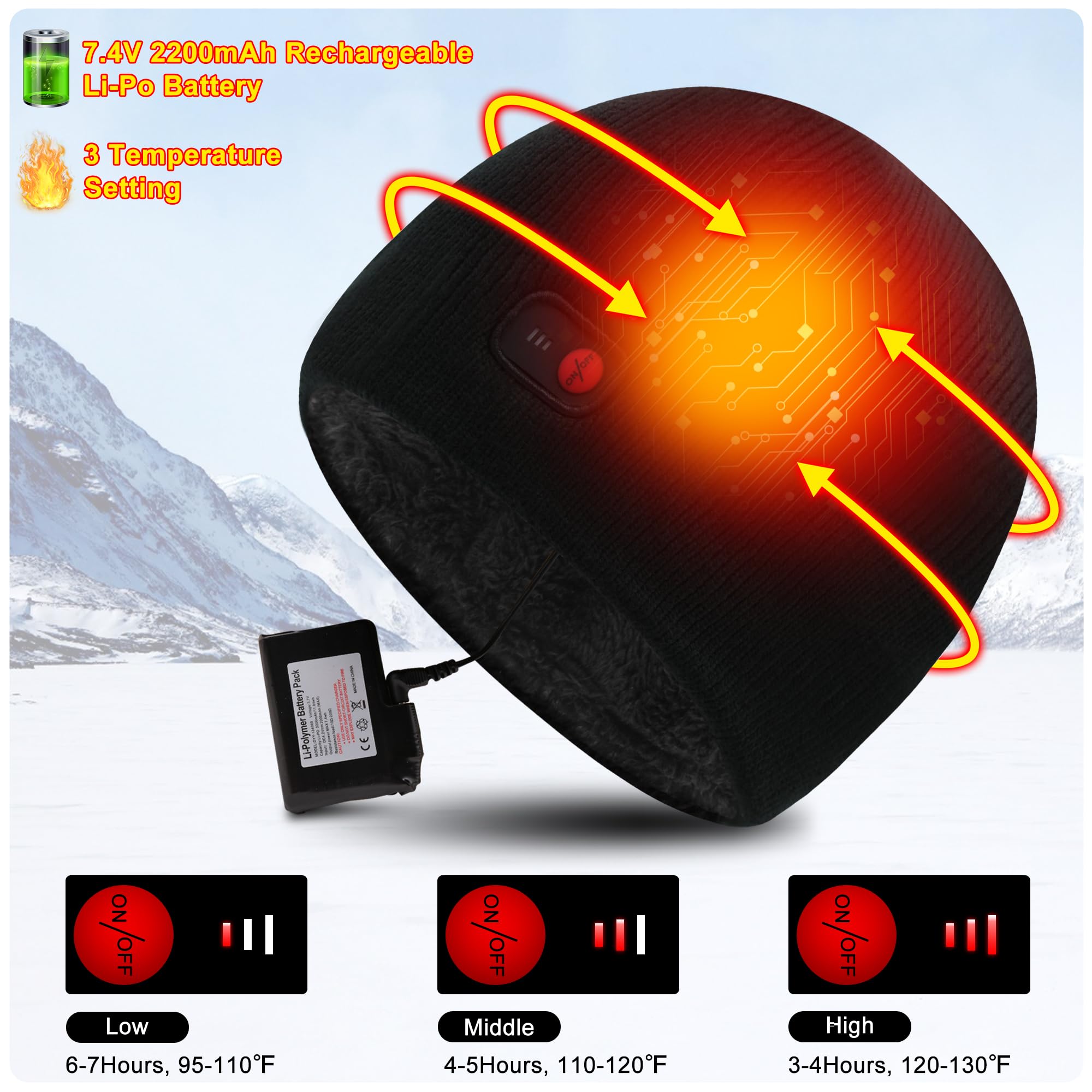 Svpro Battery Heated Beanie Hat Rechargeable Heated Hats Warm Winter ...